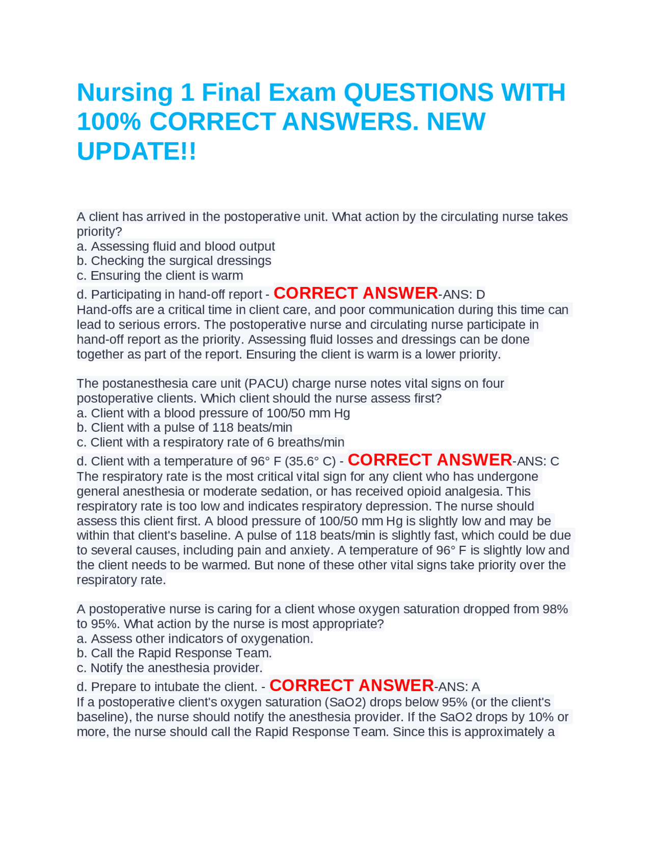 Postoperative Nursing Care: Multiple Choice Questions and Answers ...