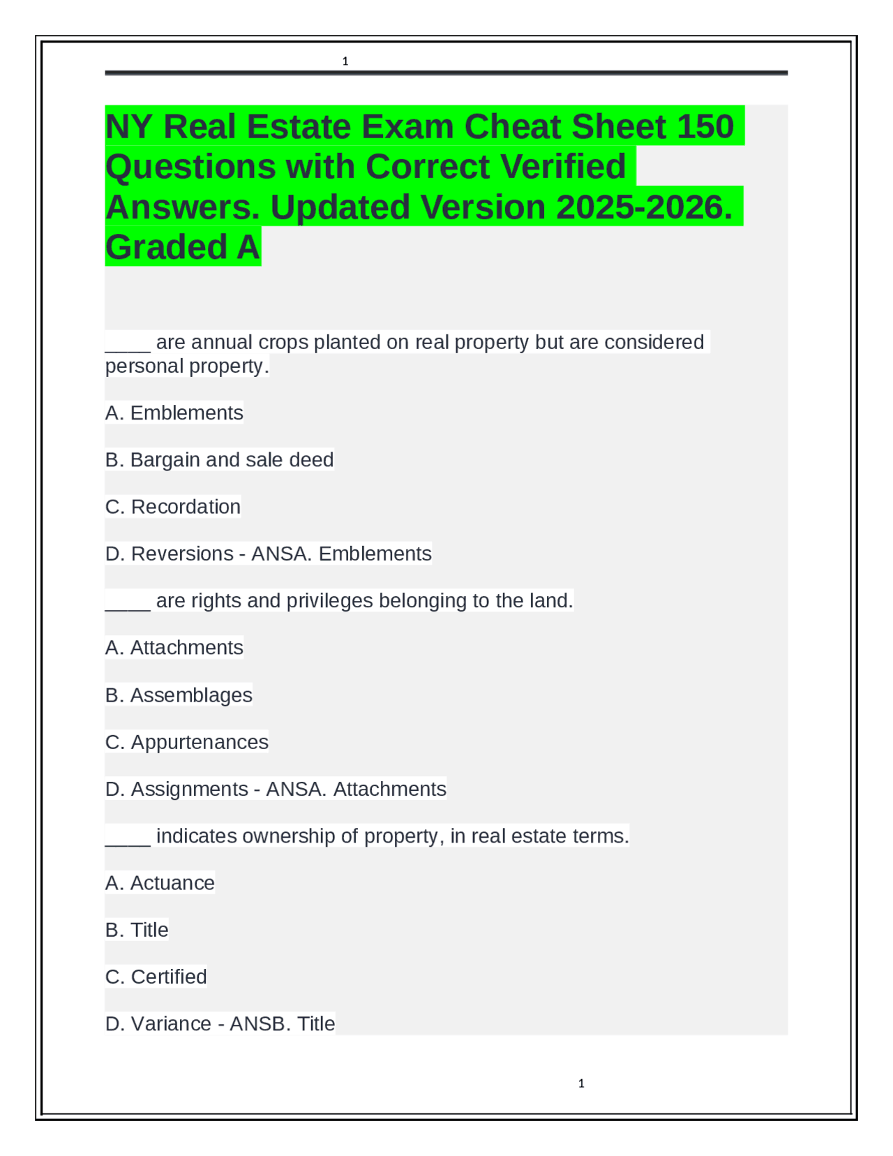 NY Real Estate Exam Cheat Sheet 150 Questions with Correct Verified ...
