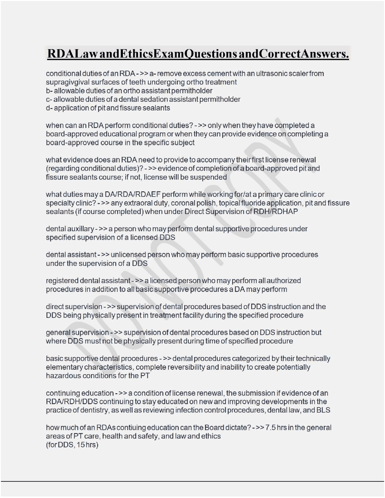 RDA Law and Ethics Exam Questions and Correct Answers. | Exams Banking ...