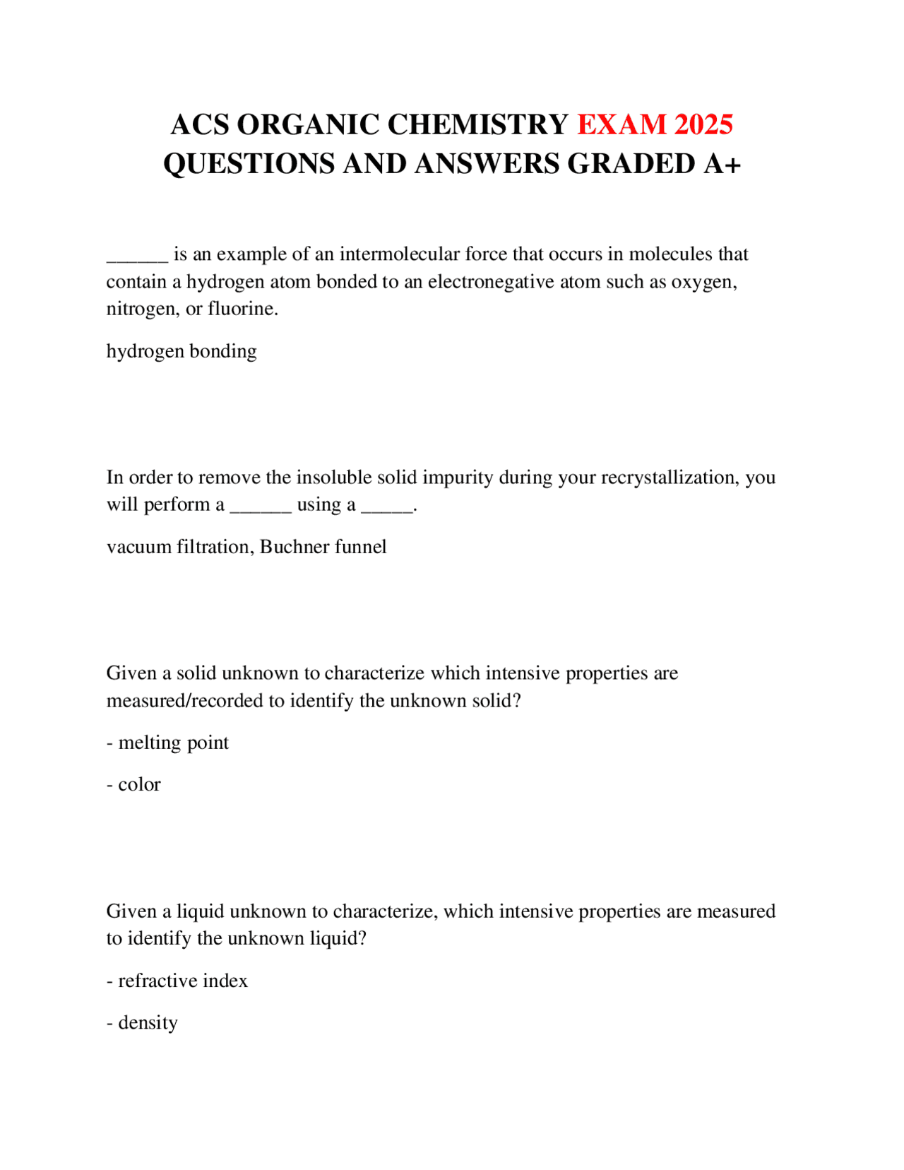 ACS ORGANIC CHEMISTRY EXAM 1 2024/2025 SPRING PREP QUESTIONS AND ANSWERS GRADED A+ | Exams ...