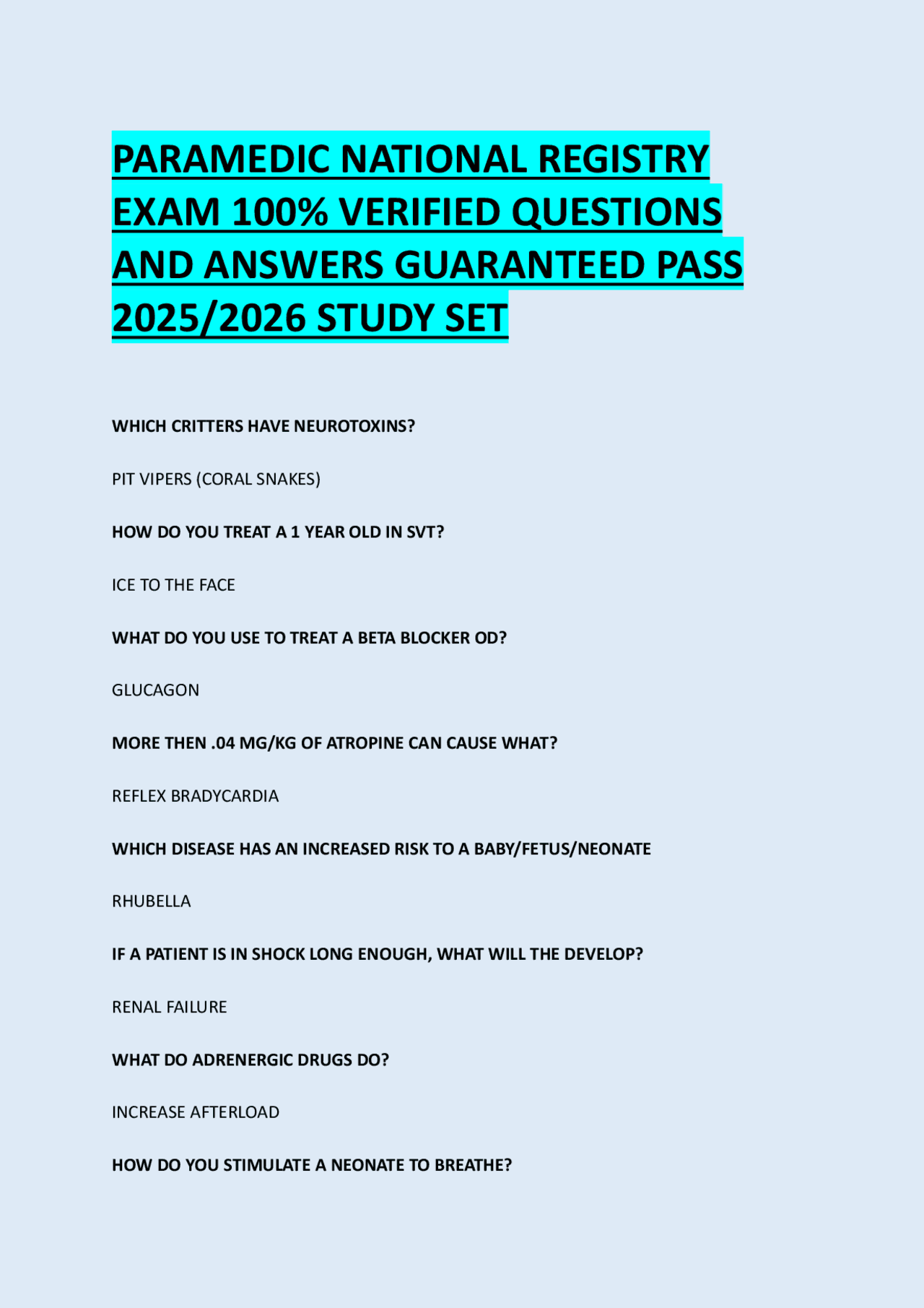 PARAMEDIC NATIONAL REGISTRY EXAM 100% VERIFIED QUESTIONS AND ANSWERS ...
