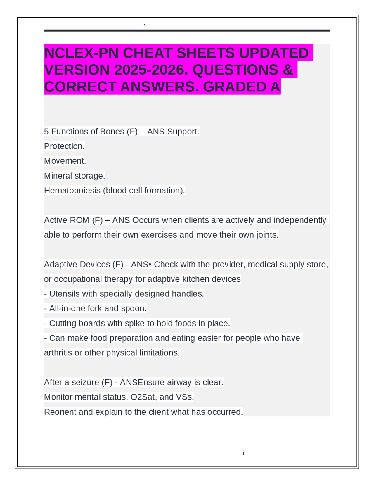NCLEX-PN CHEAT SHEETS UPDATED VERSION 2025-2026. QUESTIONS & CORRECT ...