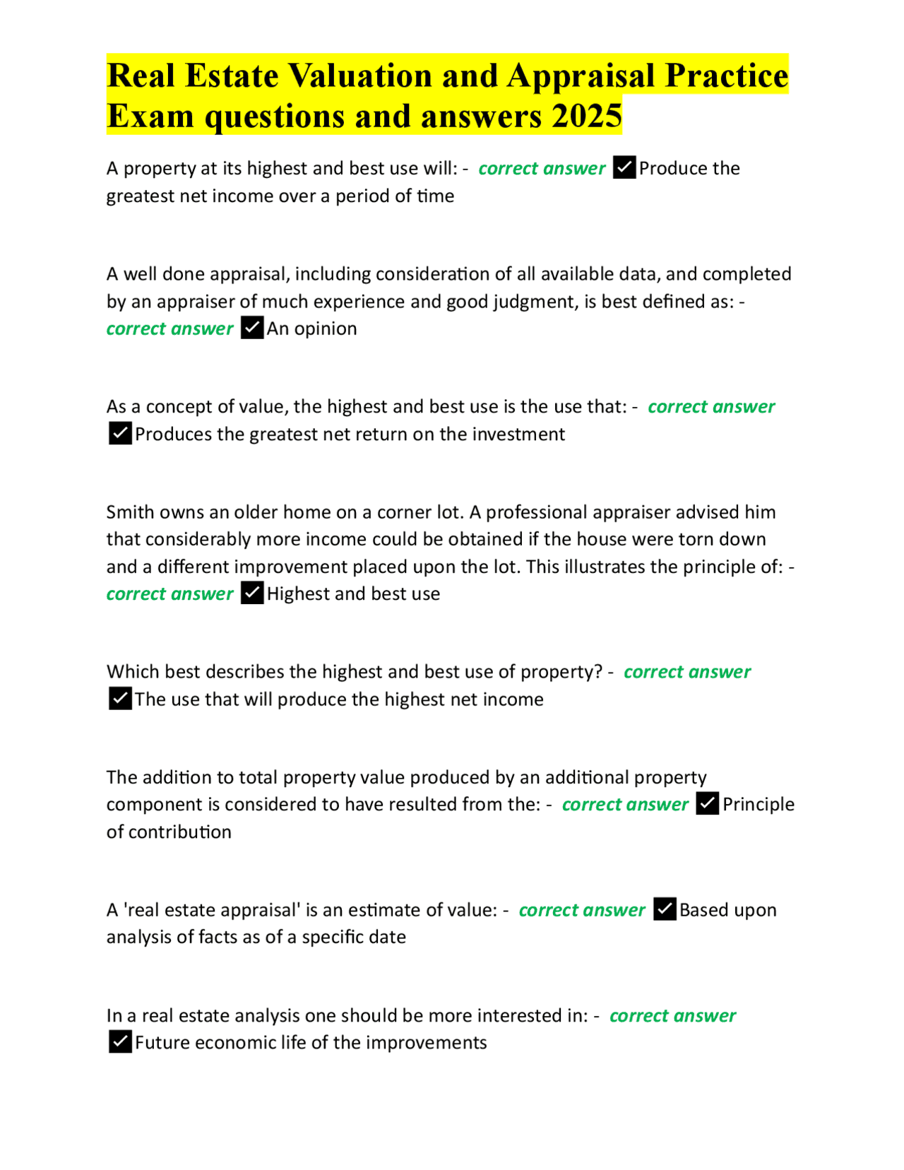 Real Estate Valuation and Appraisal Practice Exam questions and answers ...