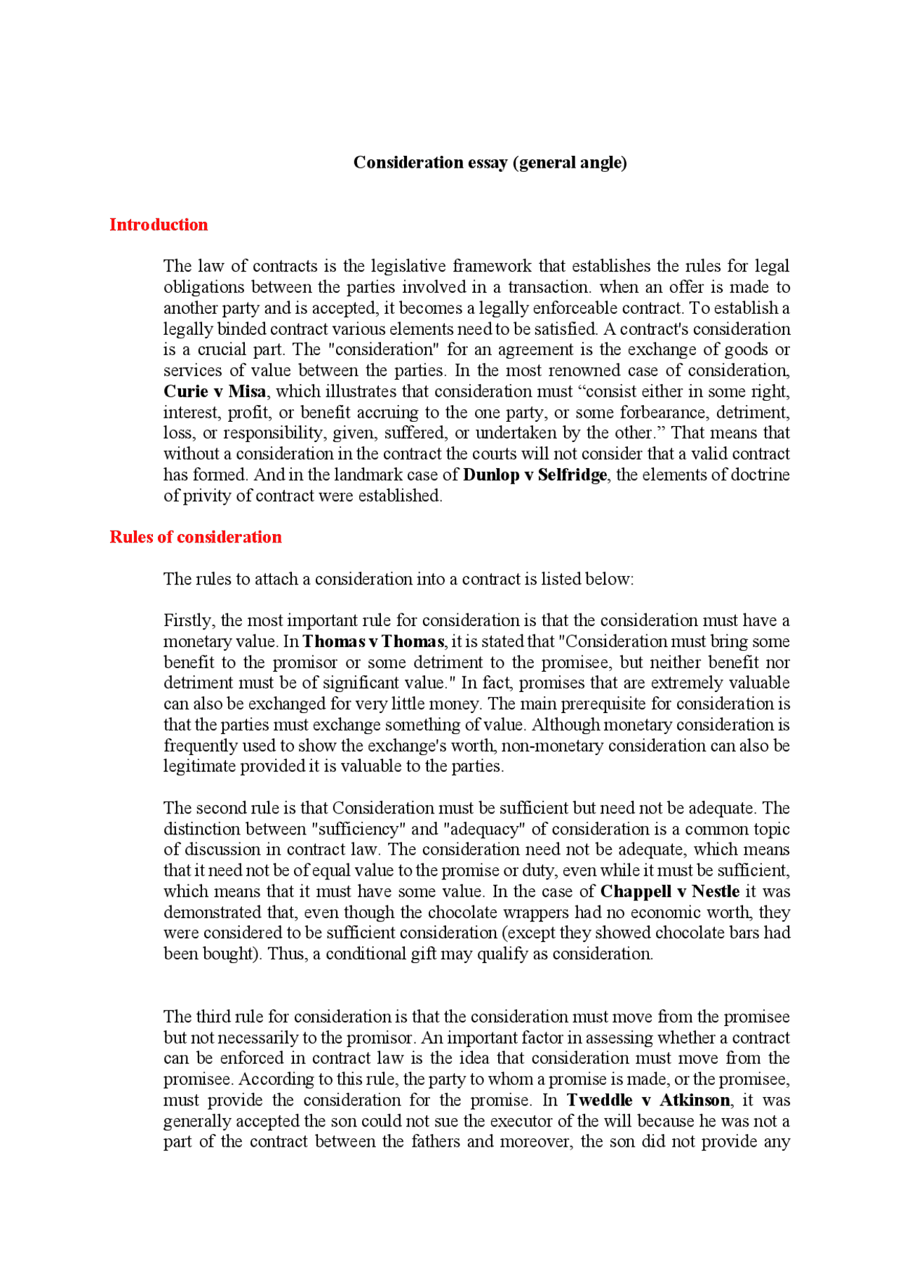 Consideration essay (Contract law) | Essays (university) Contract Law ...