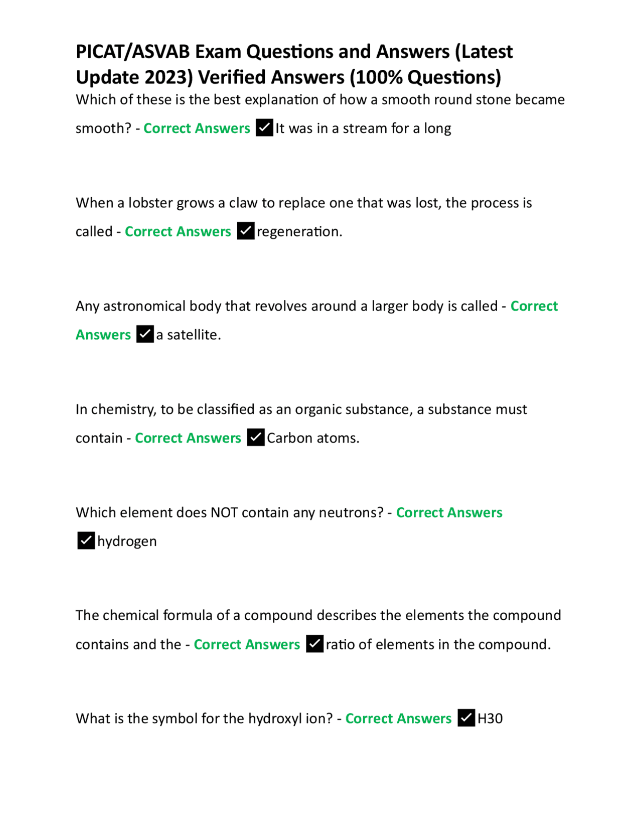 PICAT/ASVAB Exam Questions and Answers: Science, Math, and Verbal ...