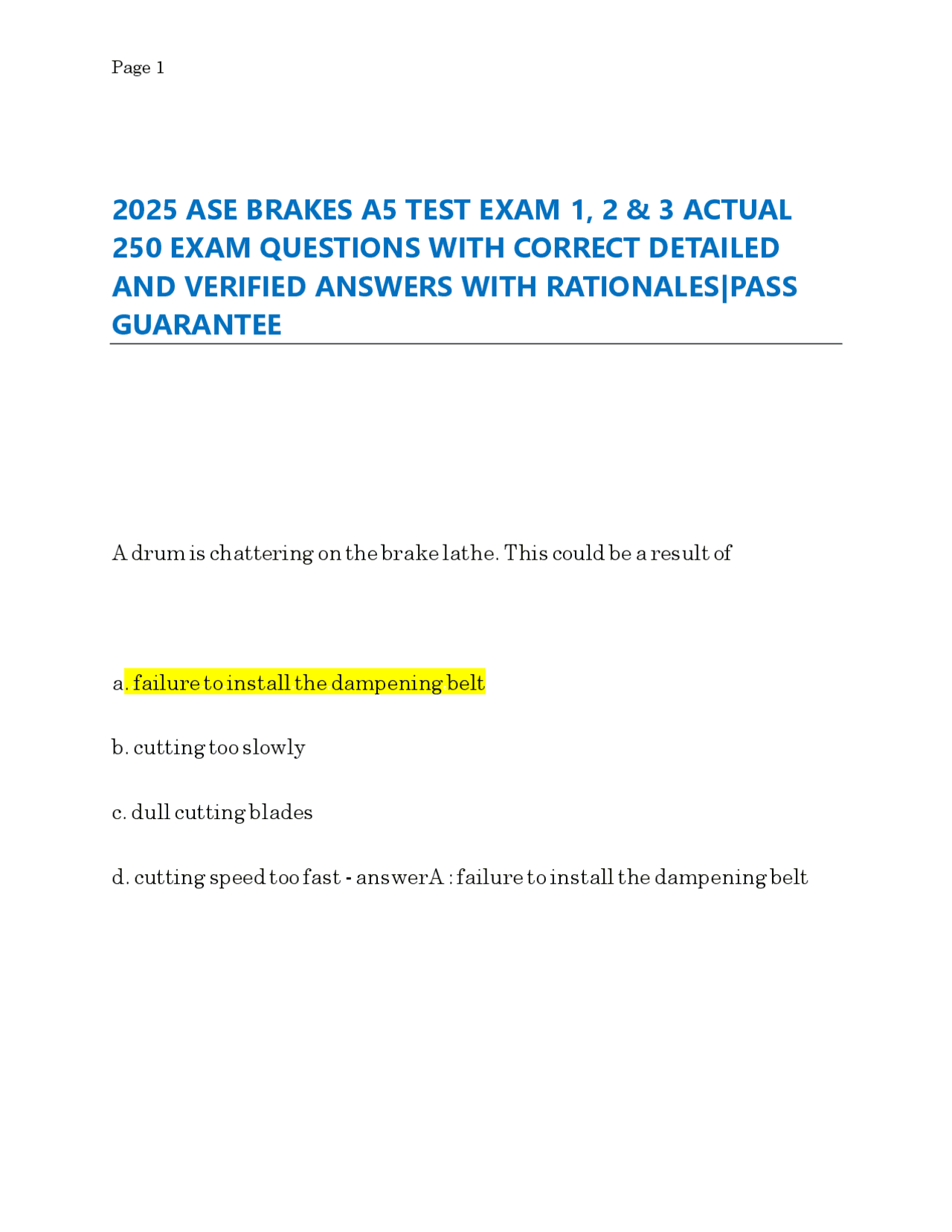 2025 ASE BRAKES A5 TEST EXAM 1, 2 & 3 ACTUAL 250 EXAM QUESTIONS WITH ...