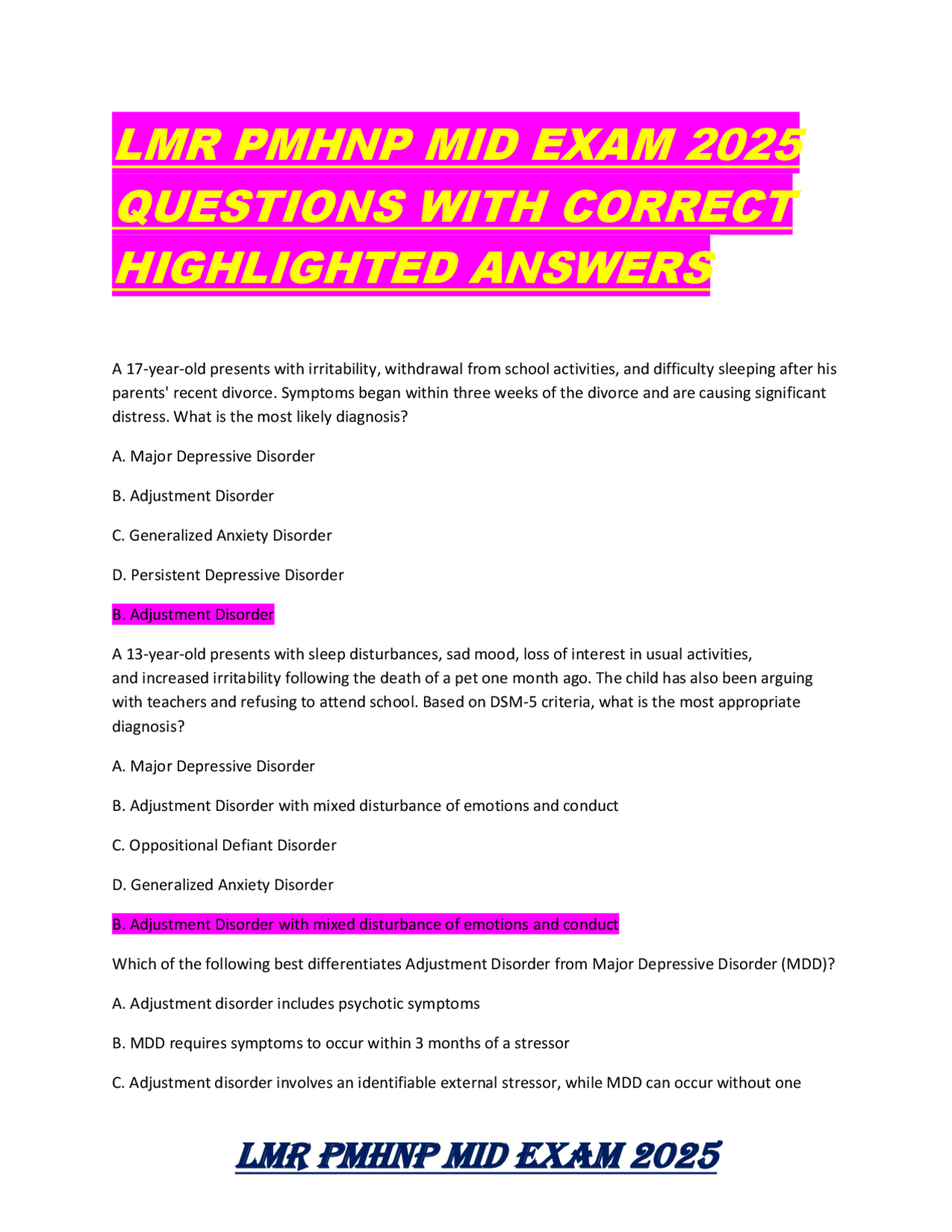 LMR PMHNP MID EXAM 2025 QUESTIONS WITH CORRECT HIGHLIGHTED ANSWERS | Exams Health sciences | Docsity