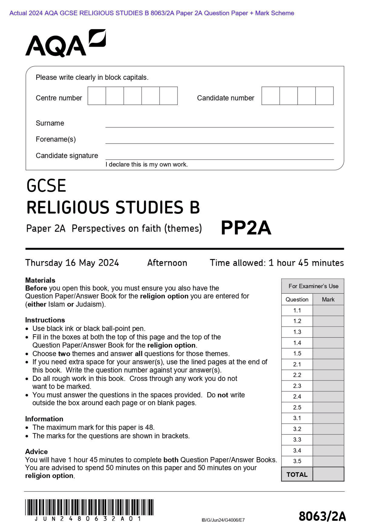 Actual 2024 AQA GCSE RELIGIOUS STUDIES A 8062/17 Paper 1: Sikhism ...
