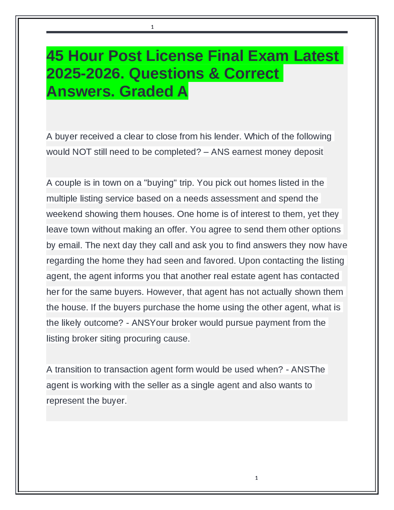 45 Hour Post License Final Exam Latest 2025-2026. Questions & Correct ...