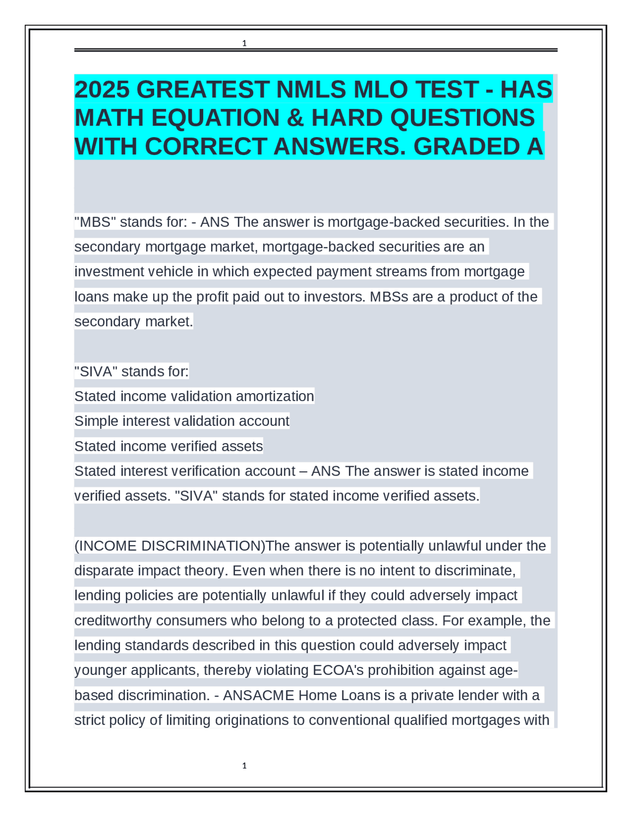 2025 GREATEST NMLS MLO TEST - HAS MATH EQUATION & HARD QUESTIONS WITH ...