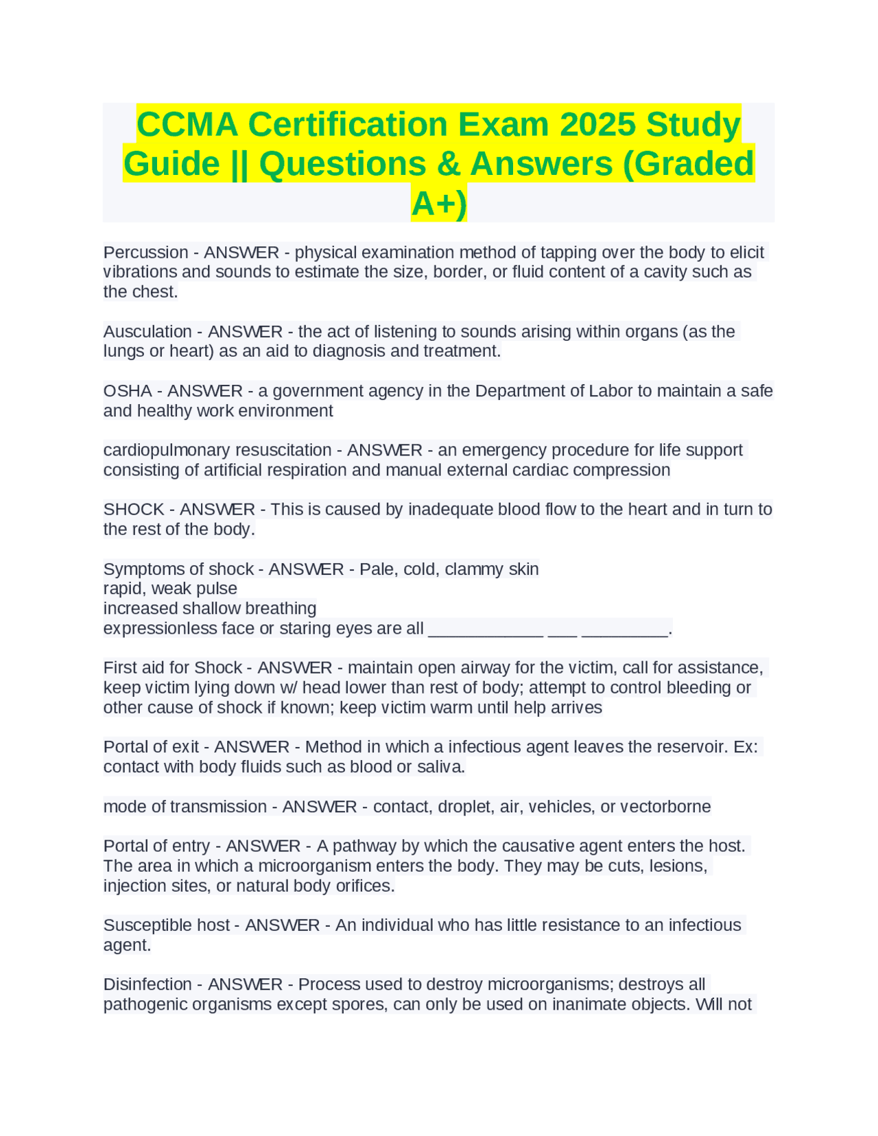 CCMA Certification Exam 2025 Study Guide || Questions & Answers (Graded ...