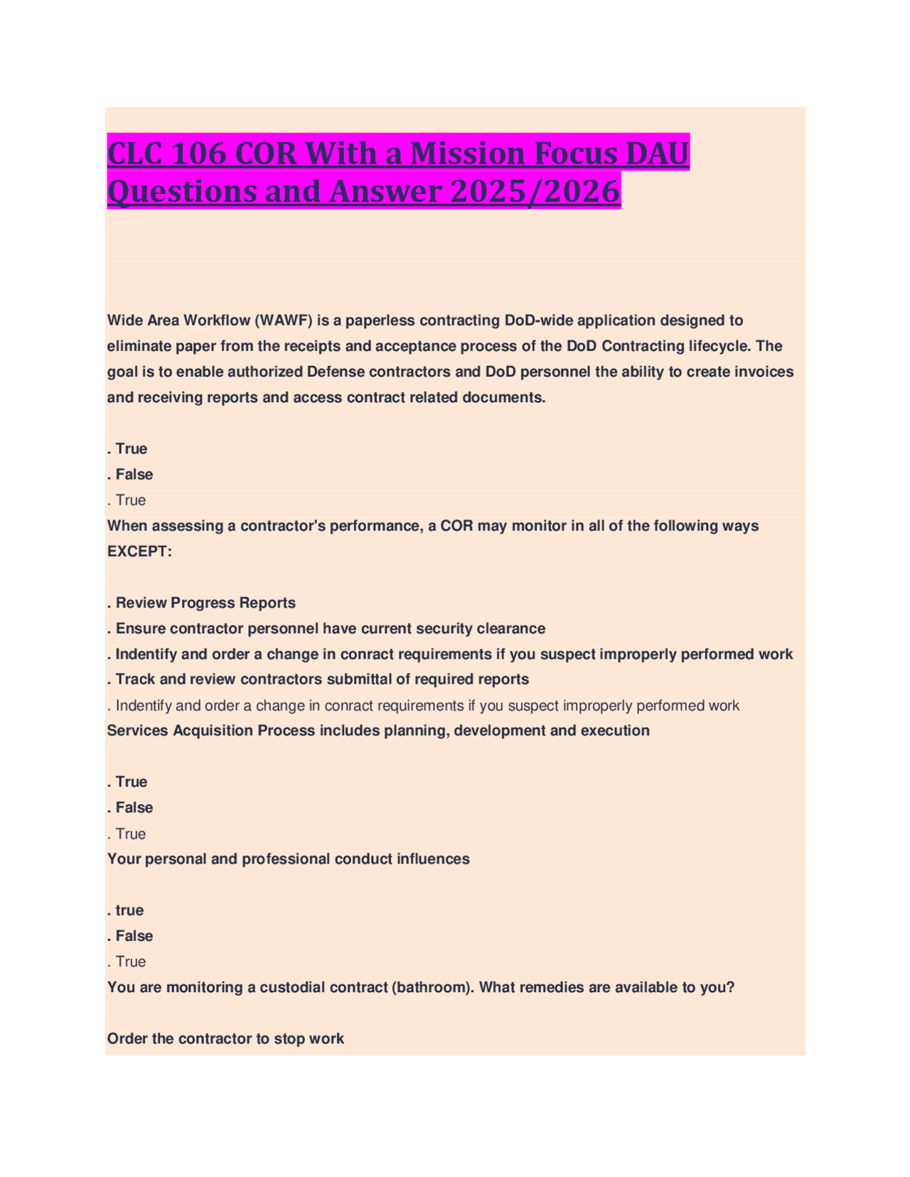 CLC 106 COR With a Mission Focus DAU Questions and Answer 2025/2026 ...