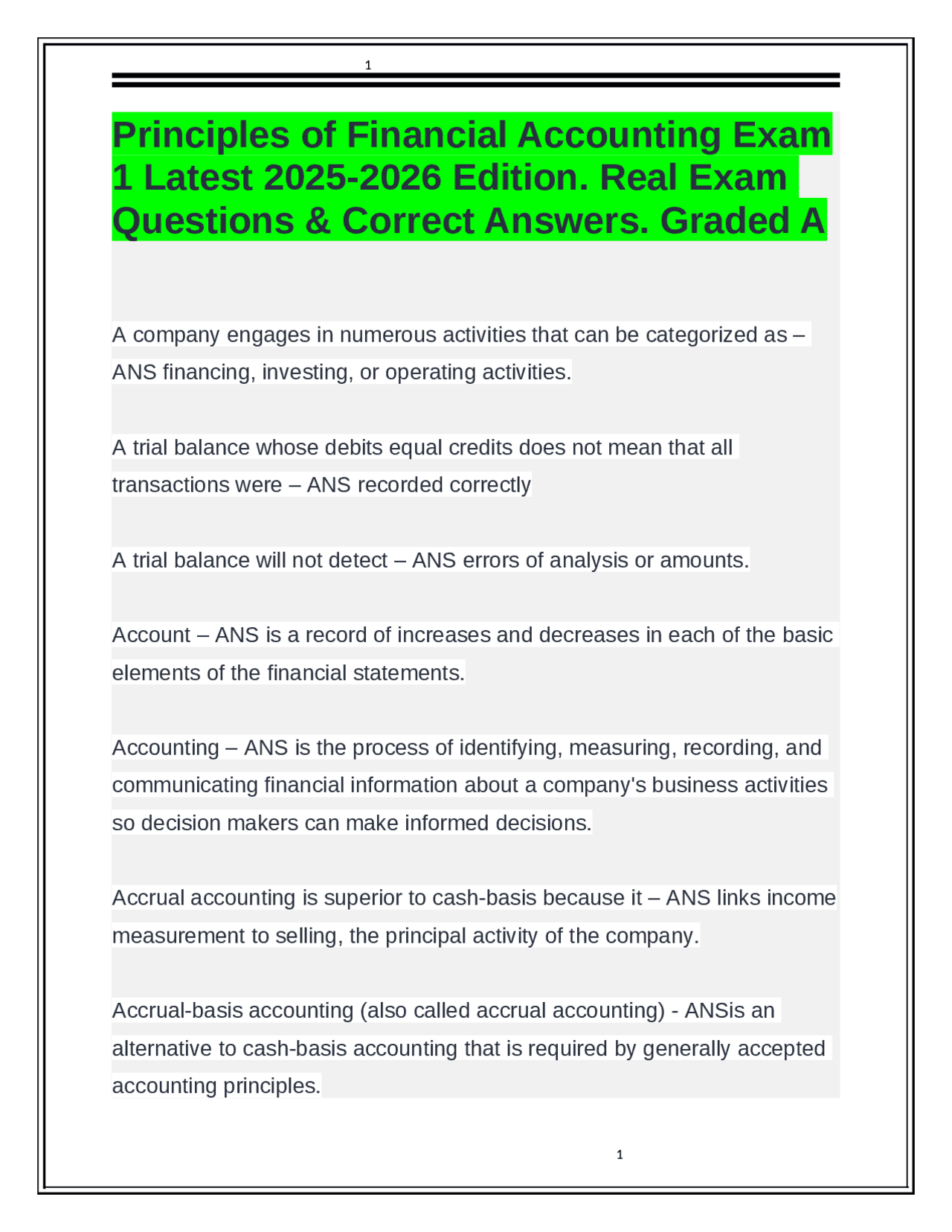 Principles of Financial Accounting Exam 1 Latest 2025-2026 Edition ...