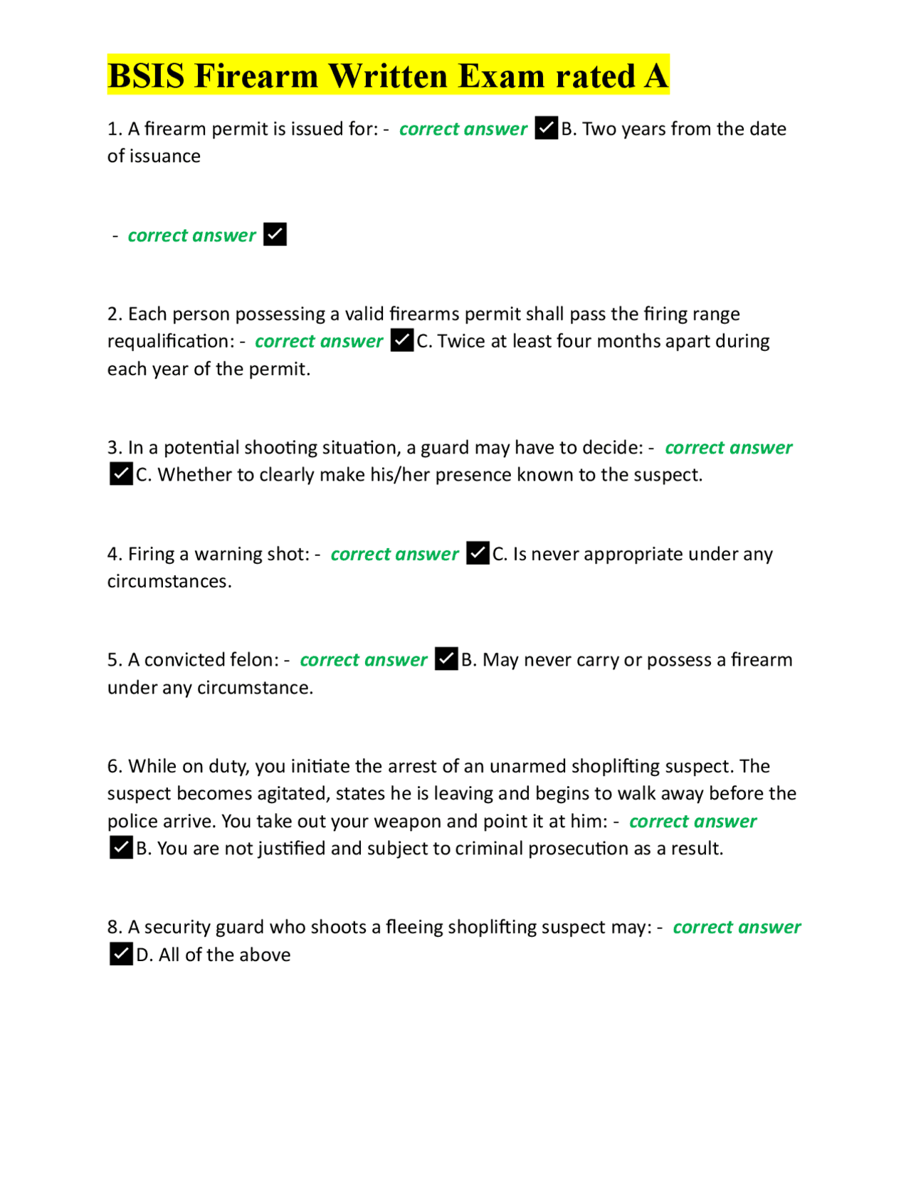 BSIS Firearm Written Exam: Comprehensive Questions and Answers | Exams ...