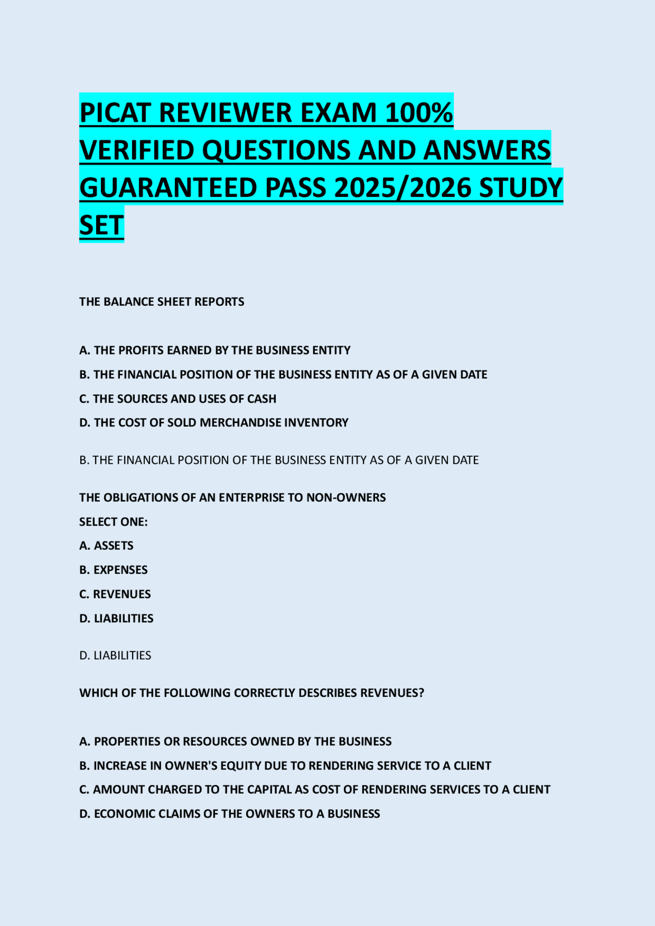 PICAT REVIEWER EXAM 100% VERIFIED QUESTIONS AND ANSWERS GUARANTEED PASS ...