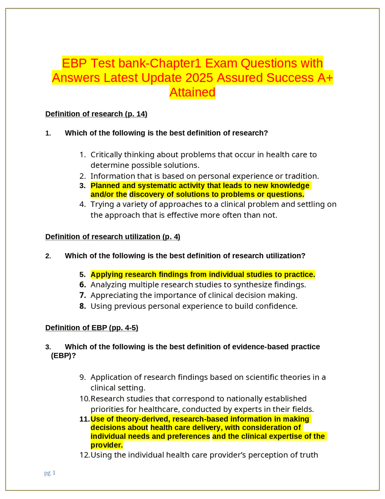 EBP Test bank-Chapter1 Exam Questions with Answers Latest Update 2025 ...