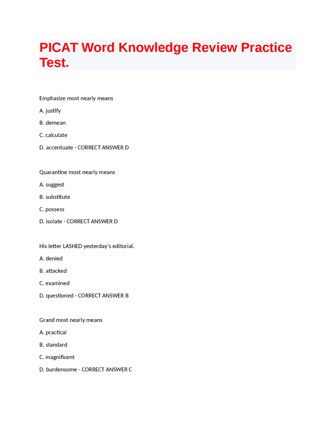 PICAT Word Knowledge Review Practice Test. | Exams Nursing | Docsity