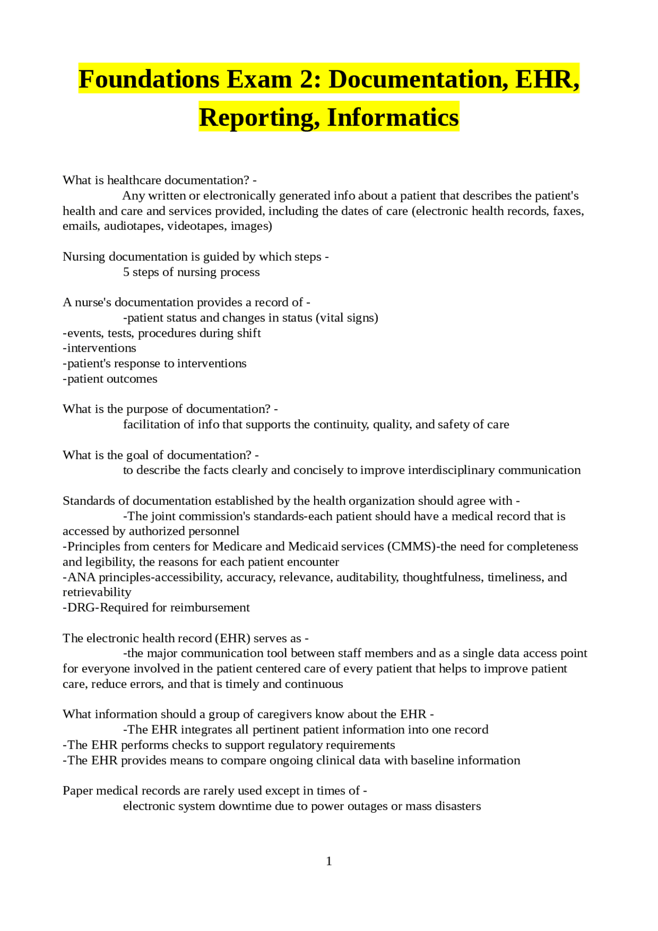 Foundations of Healthcare Documentation: EHR, Reporting, and Informatics | Exams Nursing | Docsity
