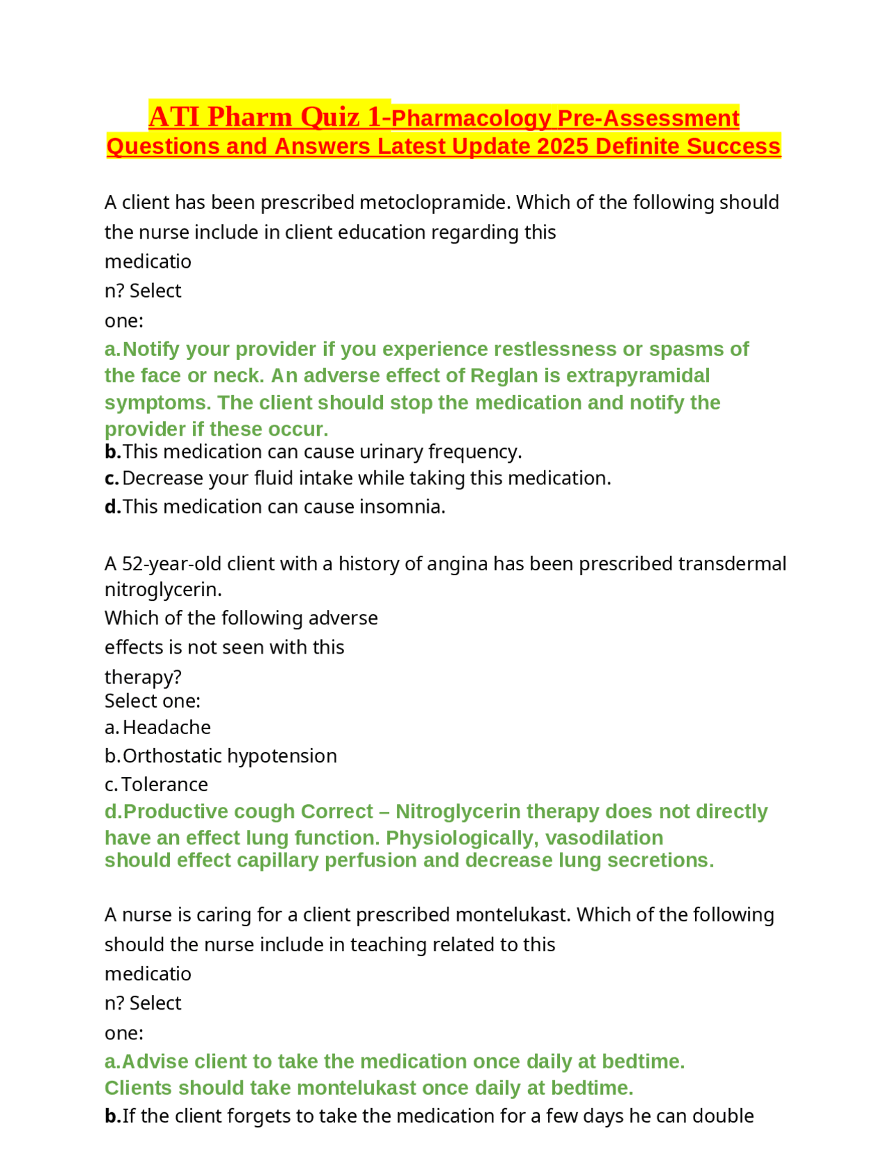 ATI Pharm Quiz 1-Pharmacology Pre-Assessment Questions and Answers ...