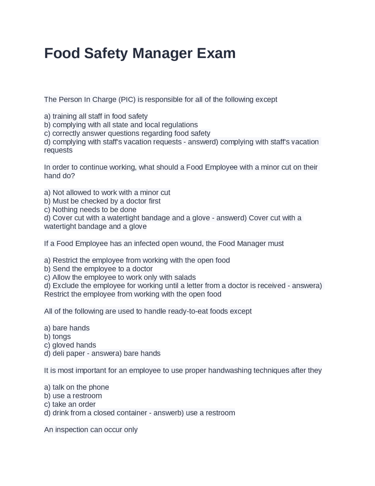 Food Safety Manager Exam Questions with Accurate Answers | Exams ...