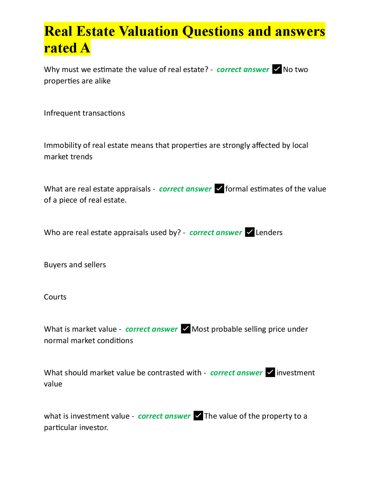 Real Estate Valuation Questions and answers rated A | Exams Real Estate ...