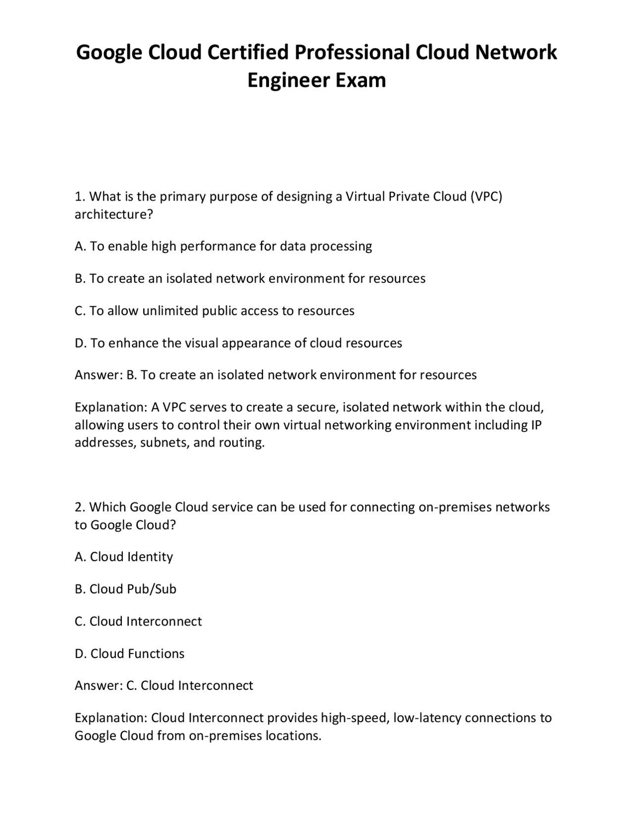 Google Cloud Certified Professional Cloud Network Engineer Exam | Exams Technology | Docsity