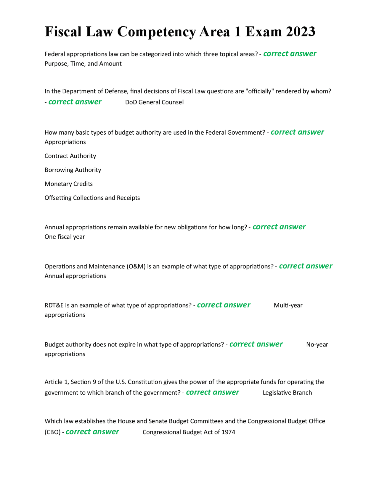 Fiscal Law Competency Exam: Questions and Answers | Exams Nursing | Docsity