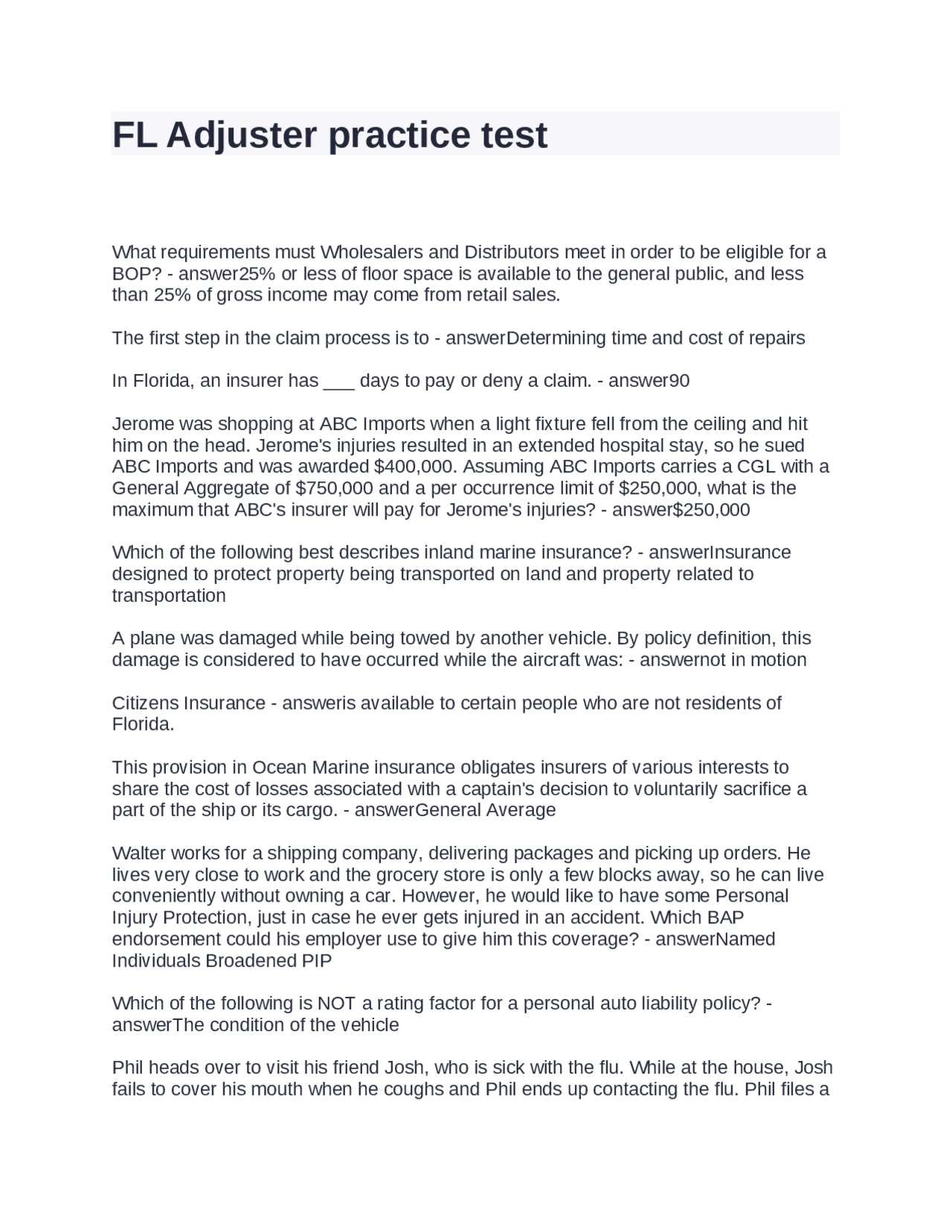 FL Adjuster practice test Questions and Answers 100% Solved | Exams ...