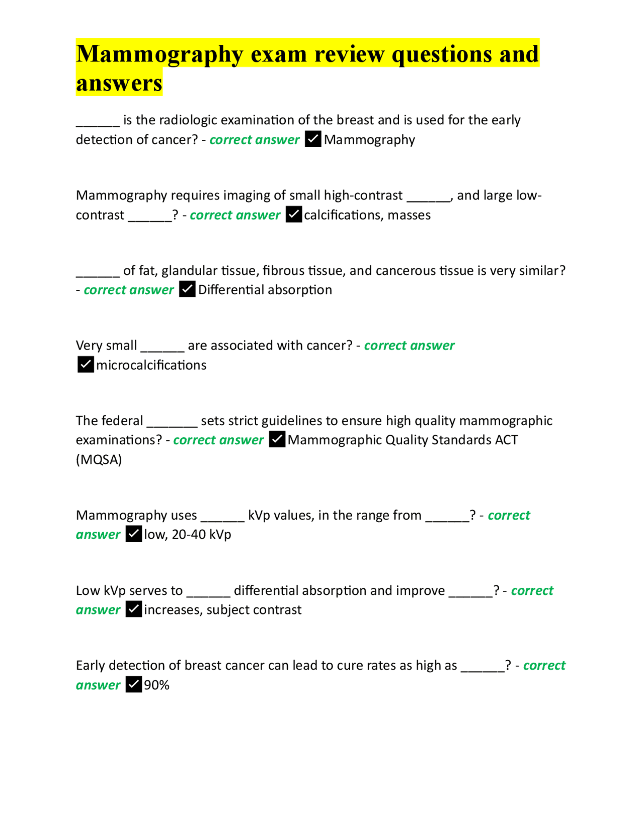 Mammography exam review questions and answers. | Exercises Nursing ...