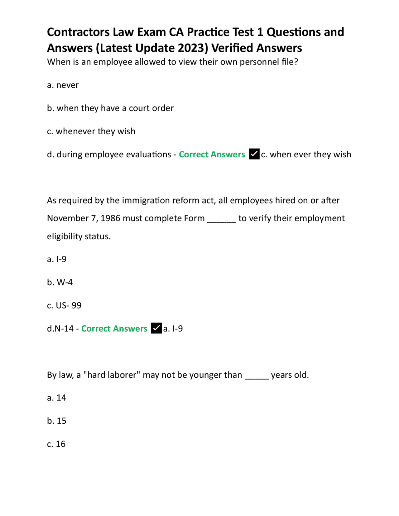 Contractors Law Exam CA Practice Test 1 Questions and Answers (Latest ...