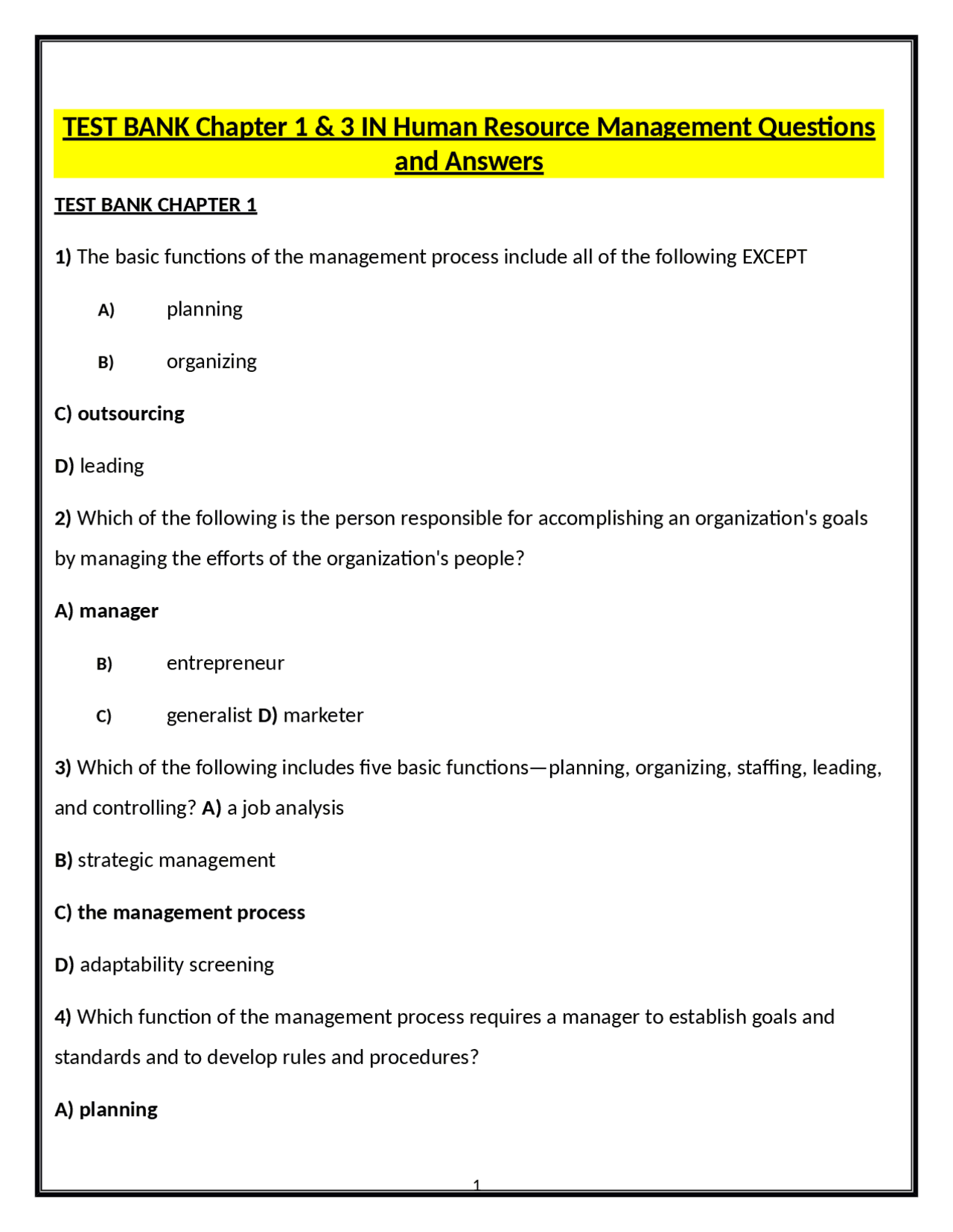 TEST BANK Chapter 1 & 3 IN Human Resource Management Questions and ...