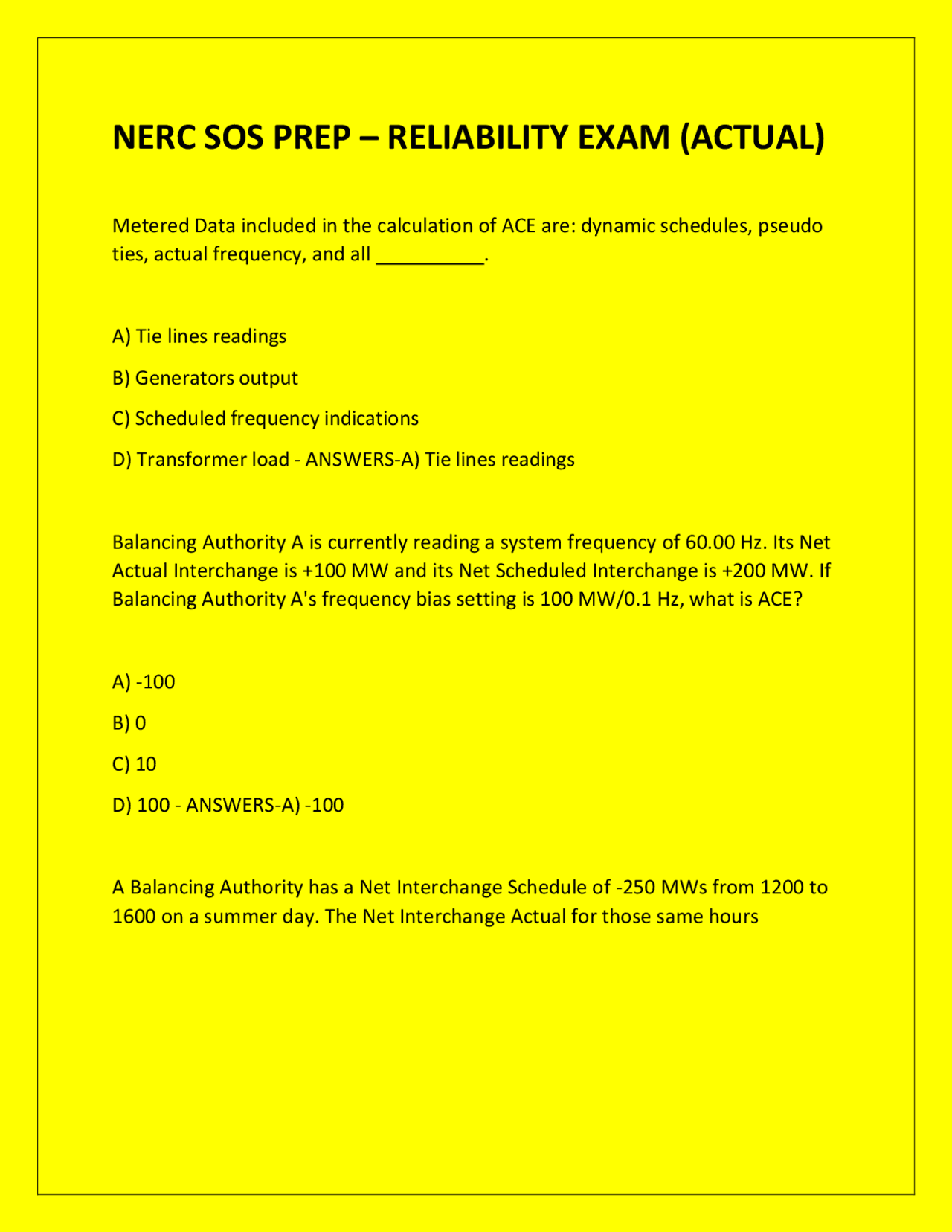 NERC System Operations and Reliability Exam Questions and Answers ...