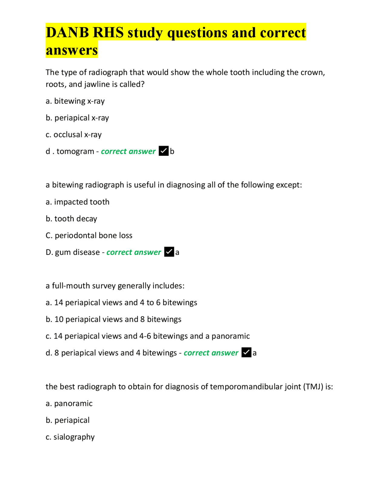 DANB RHS Study Questions and Answers: Dental Radiography | Exams ...