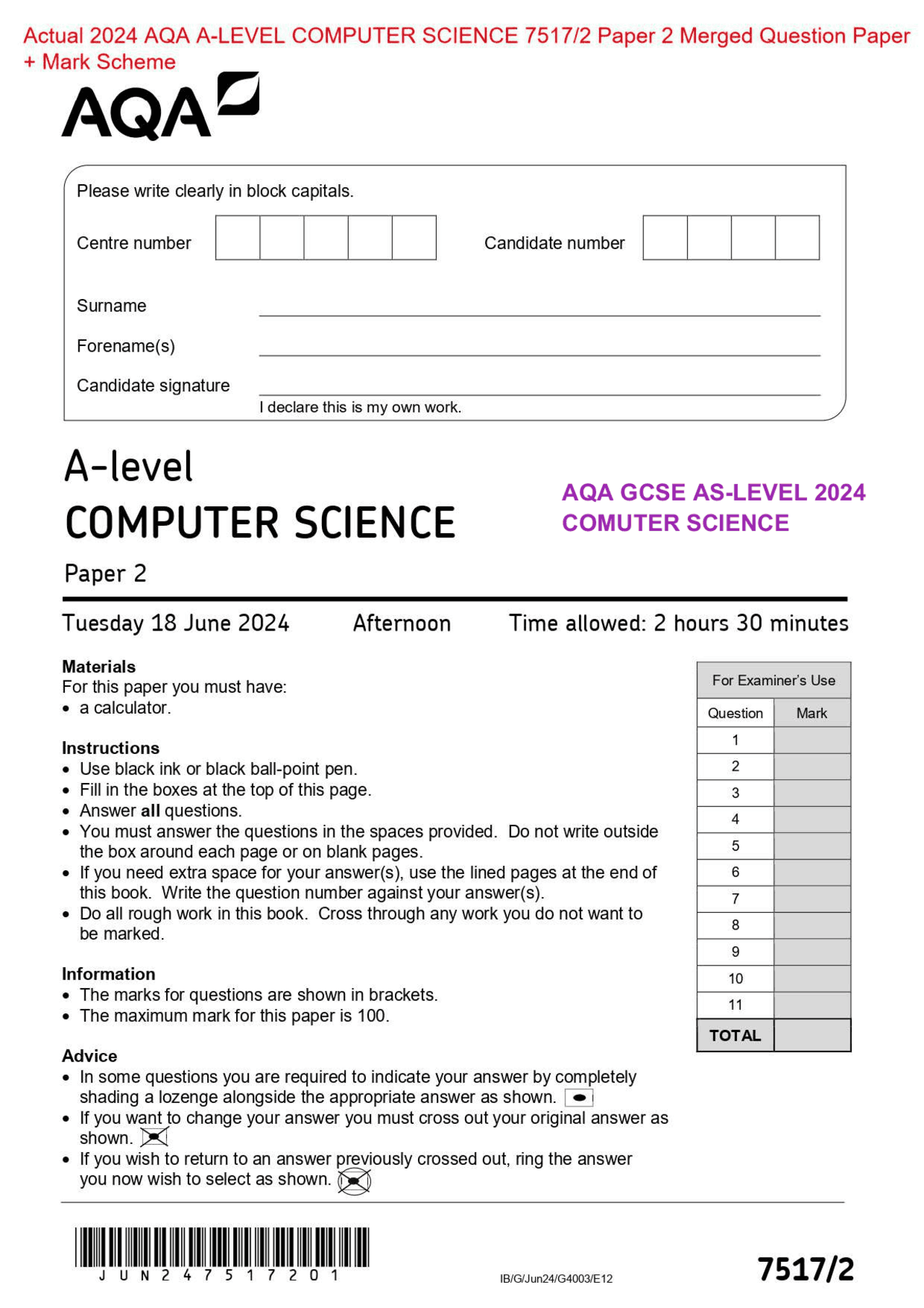 Actual 2024 AQA A-LEVEL COMPUTER SCIENCE 7517/2 Paper 2 Merged Question ...
