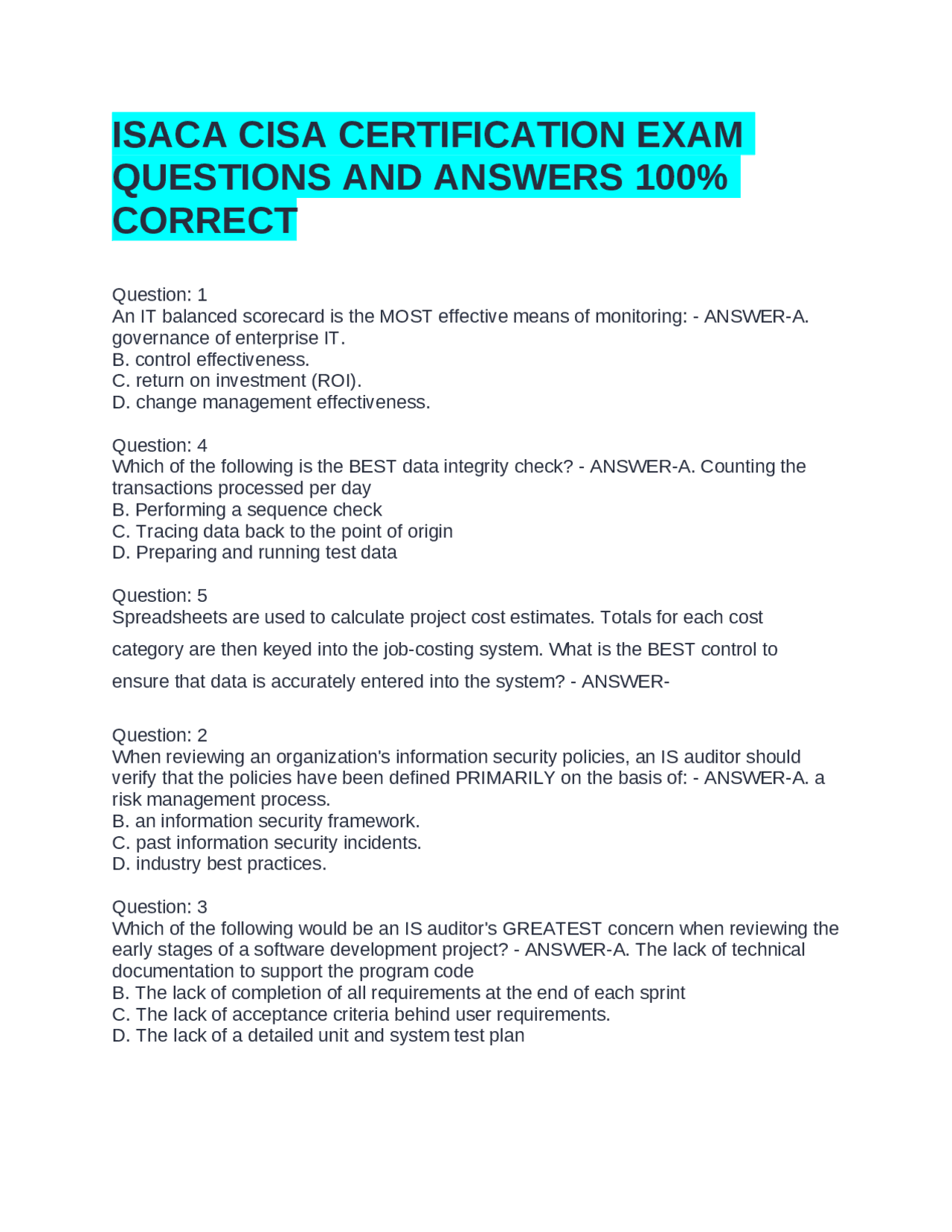 ISACA CISA CERTIFICATION EXAM QUESTIONS AND ANSWERS 100% CORRECT ...