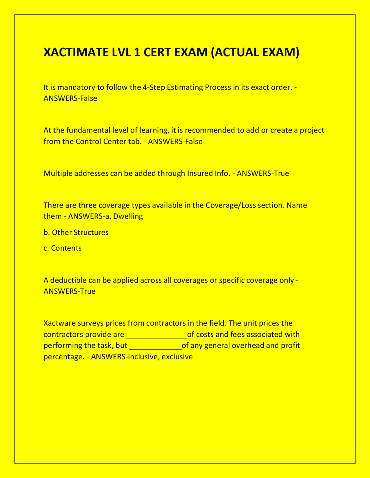 Xactimate Level 1 Certification Exam Questions and Answers | Exams ...