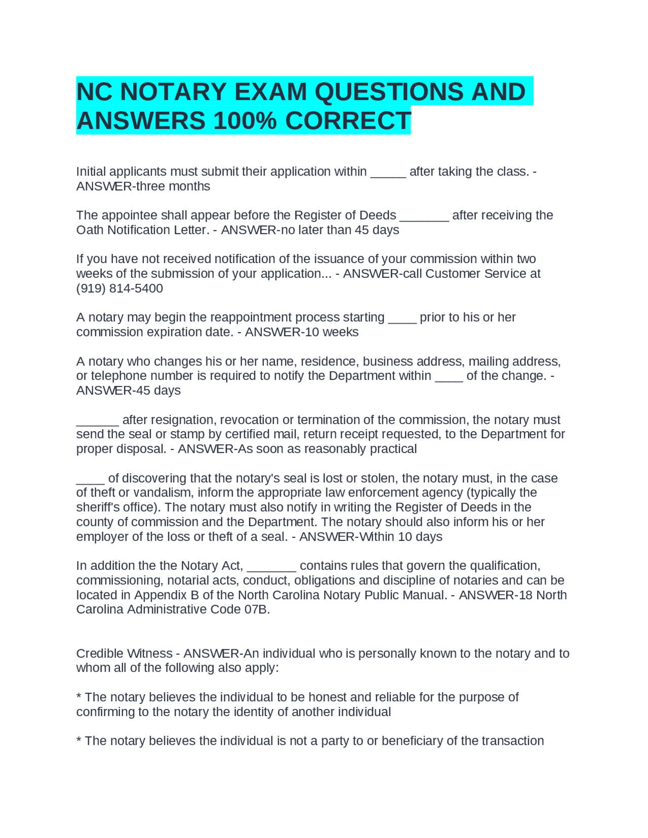 NC NOTARY EXAM QUESTIONS AND ANSWERS 100% CORRECT | Exams Law | Docsity