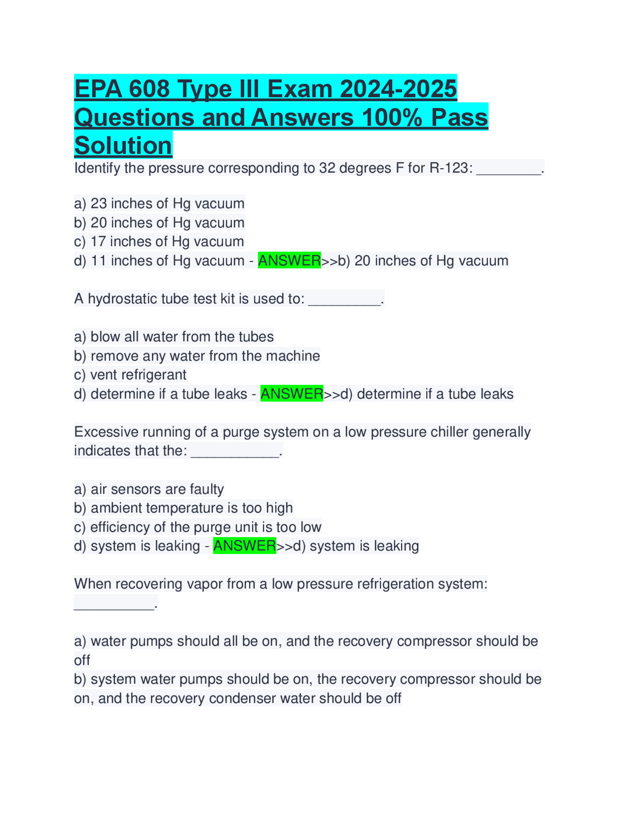 EPA 608 Type III Exam 2024-2025 Questions and Answers 100% Pass ...