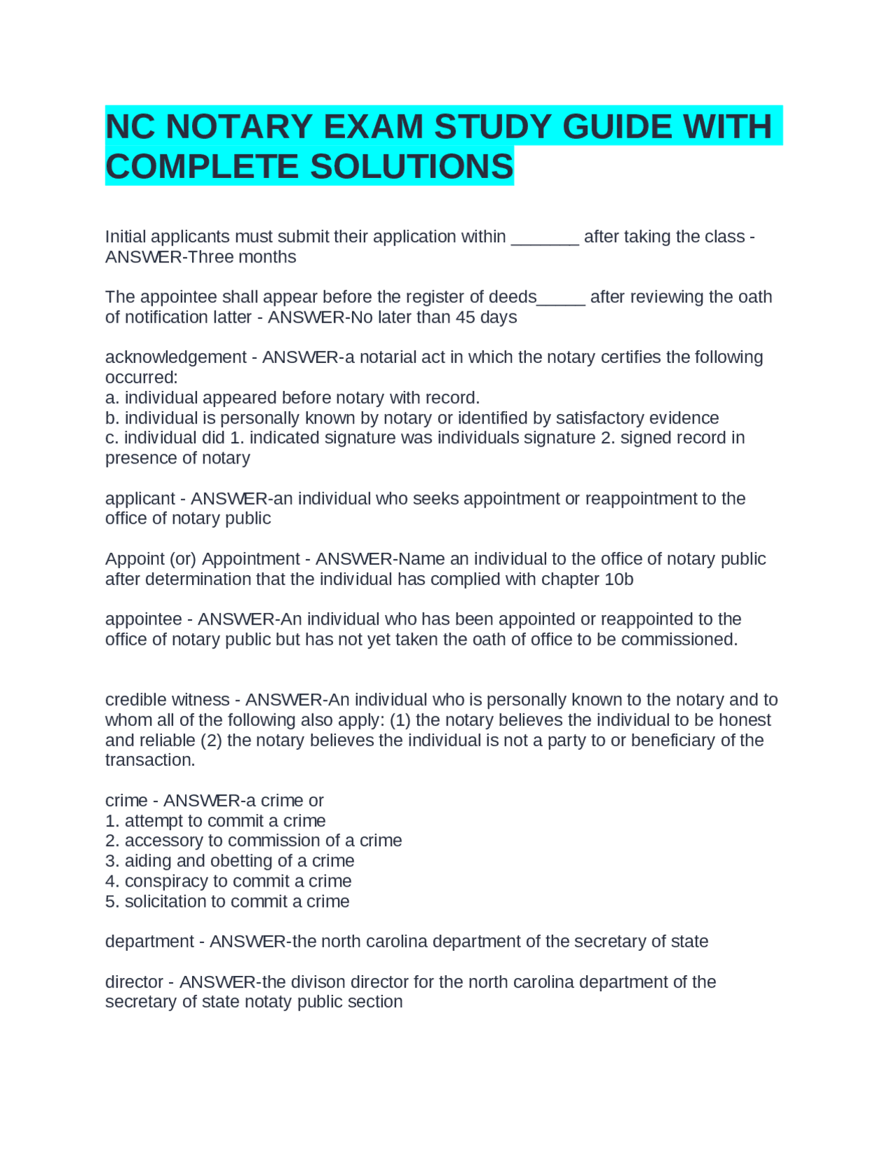 NC NOTARY EXAM STUDY GUIDE WITH COMPLETE SOLUTIONS | Exams Law | Docsity