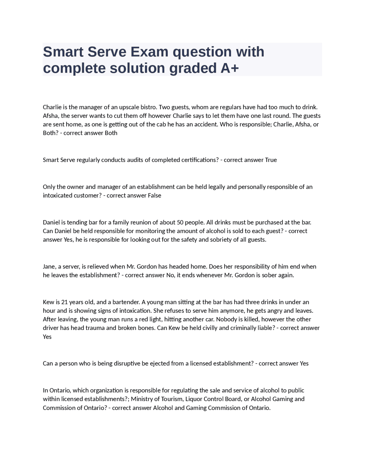 Smart Serve Exam question with complete solution graded A.docx | Exams ...