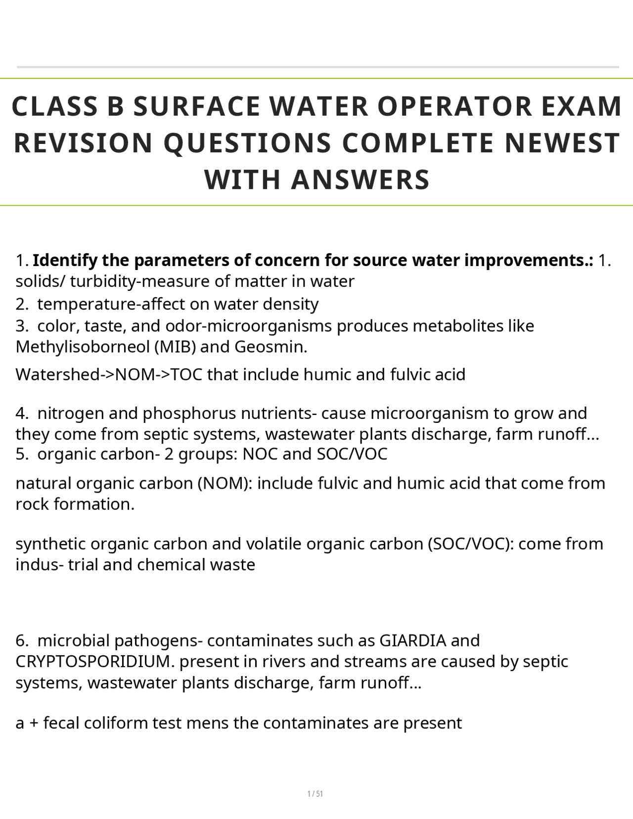 CLASS B SURFACE WATER OPERATOR EXAM REVISION QUESTIONS COMPLETE NEWEST ...