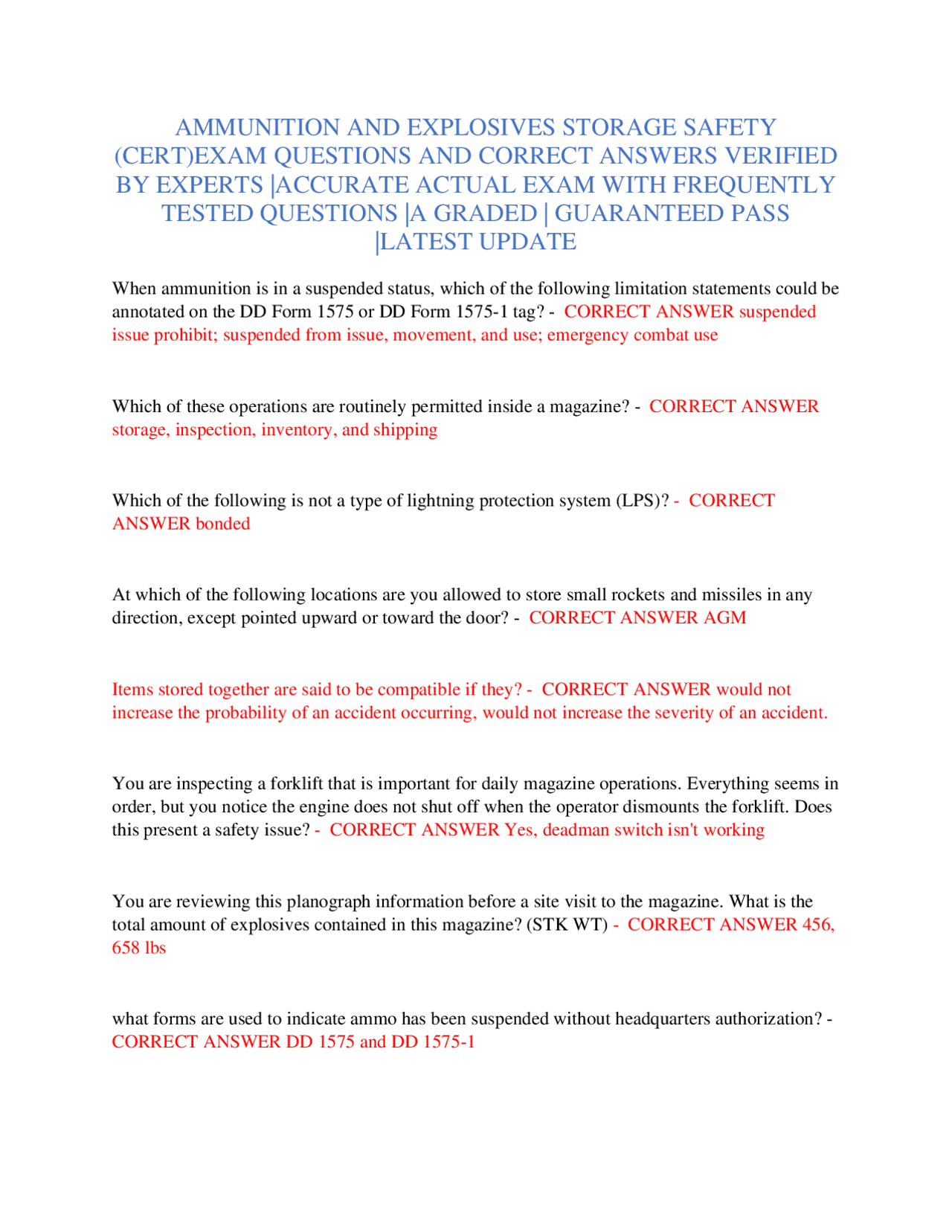 AMMUNITION AND EXPLOSIVES STORAGE SAFETY (CERT)EXAM QUESTIONS AND ...