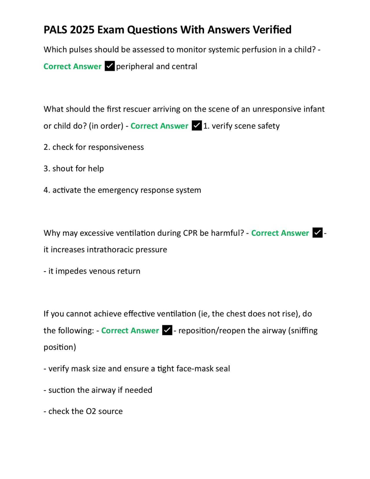 PALS 2025 Exam Questions With Answers Verified | Exams Nursing | Docsity