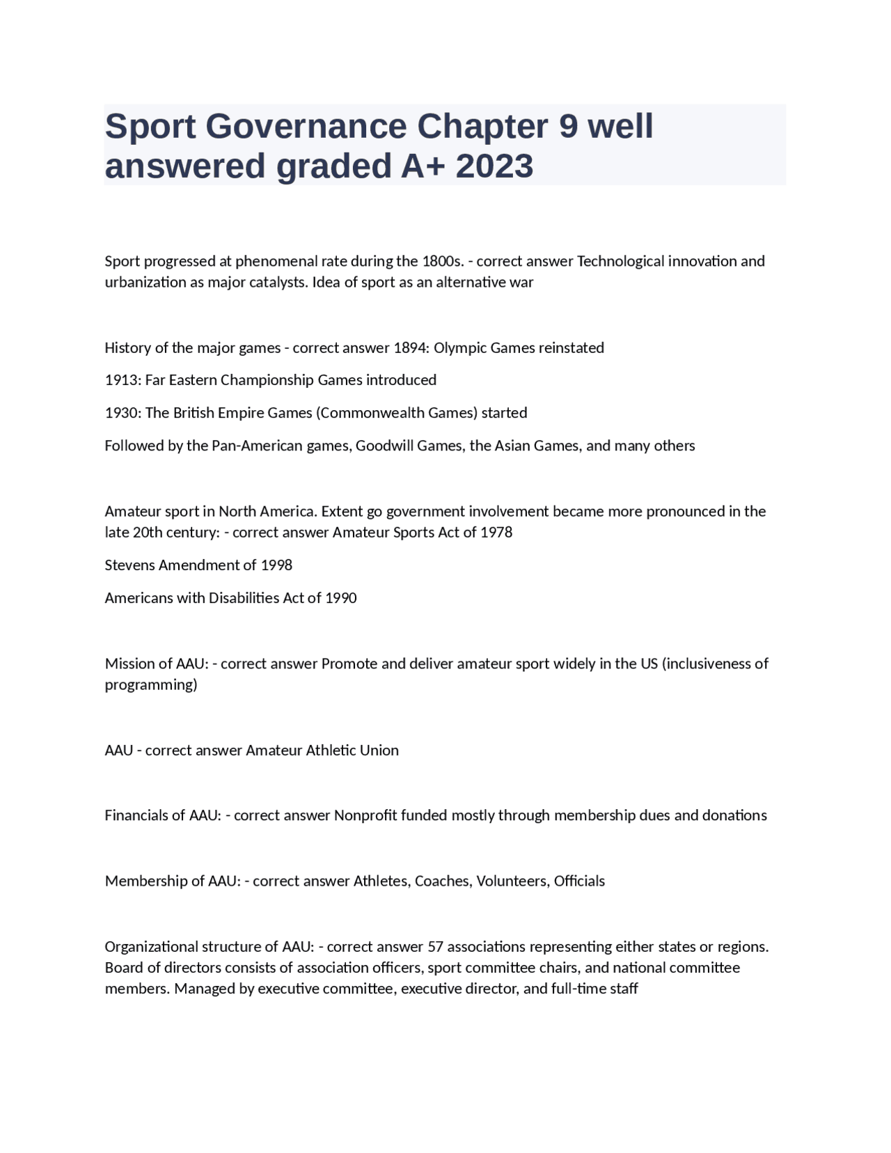 Sport Governance Chapter 9 well answered graded A | Exams Nursing | Docsity