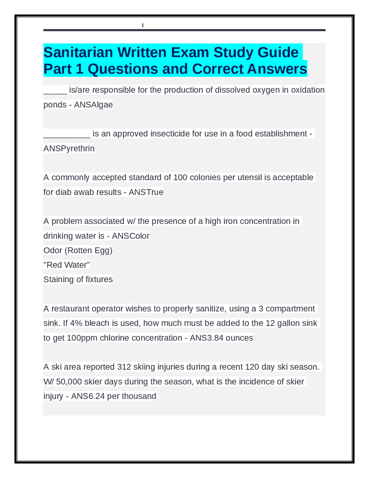 Sanitarian Written Exam Study Guide: Questions and Answers | Exams Food ...