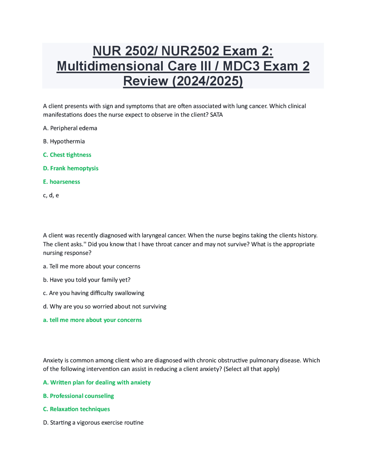 NUR 2502/NUR2502 Exam 2 Review: Multidimensional Care III (MDC3 ...