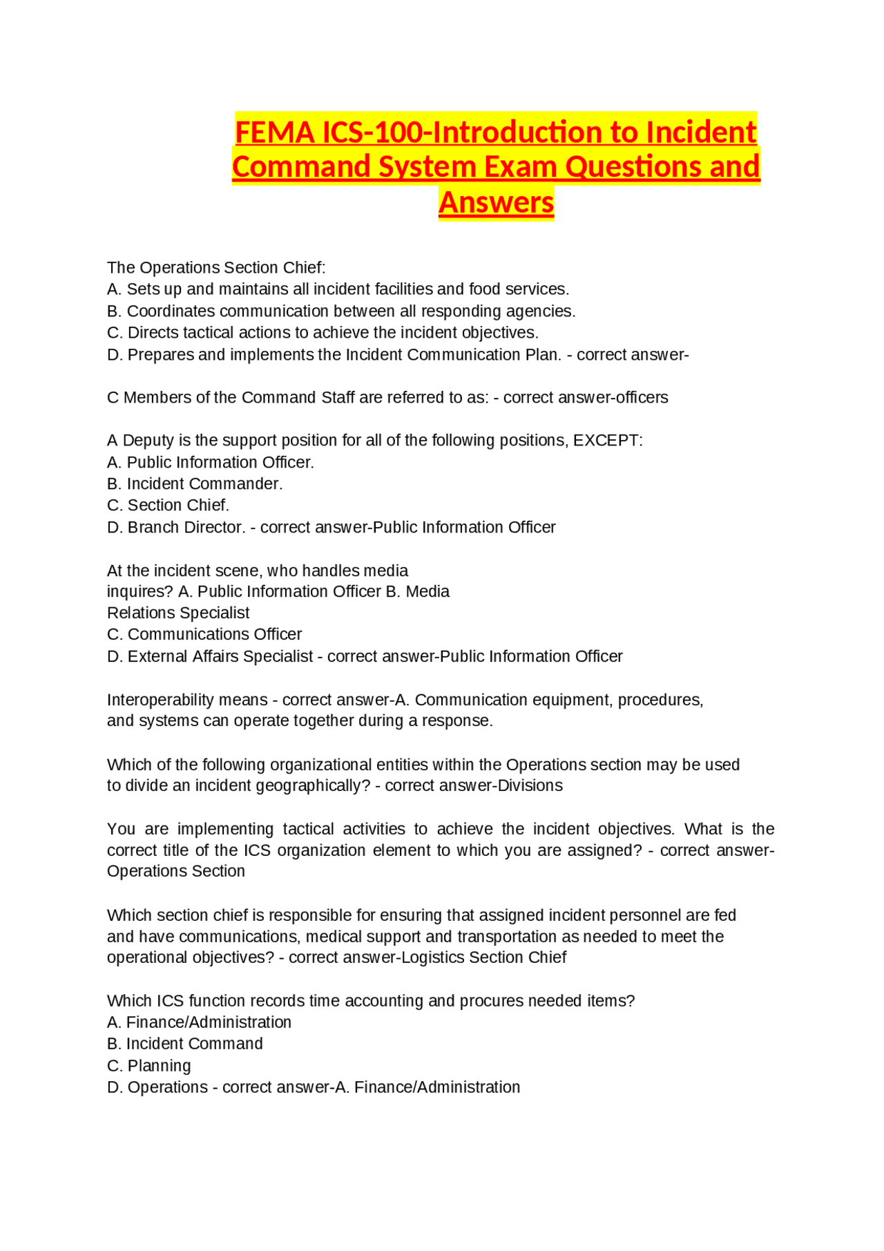 FEMA ICS-100 Introduction to Incident Command System Exam Questions and ...