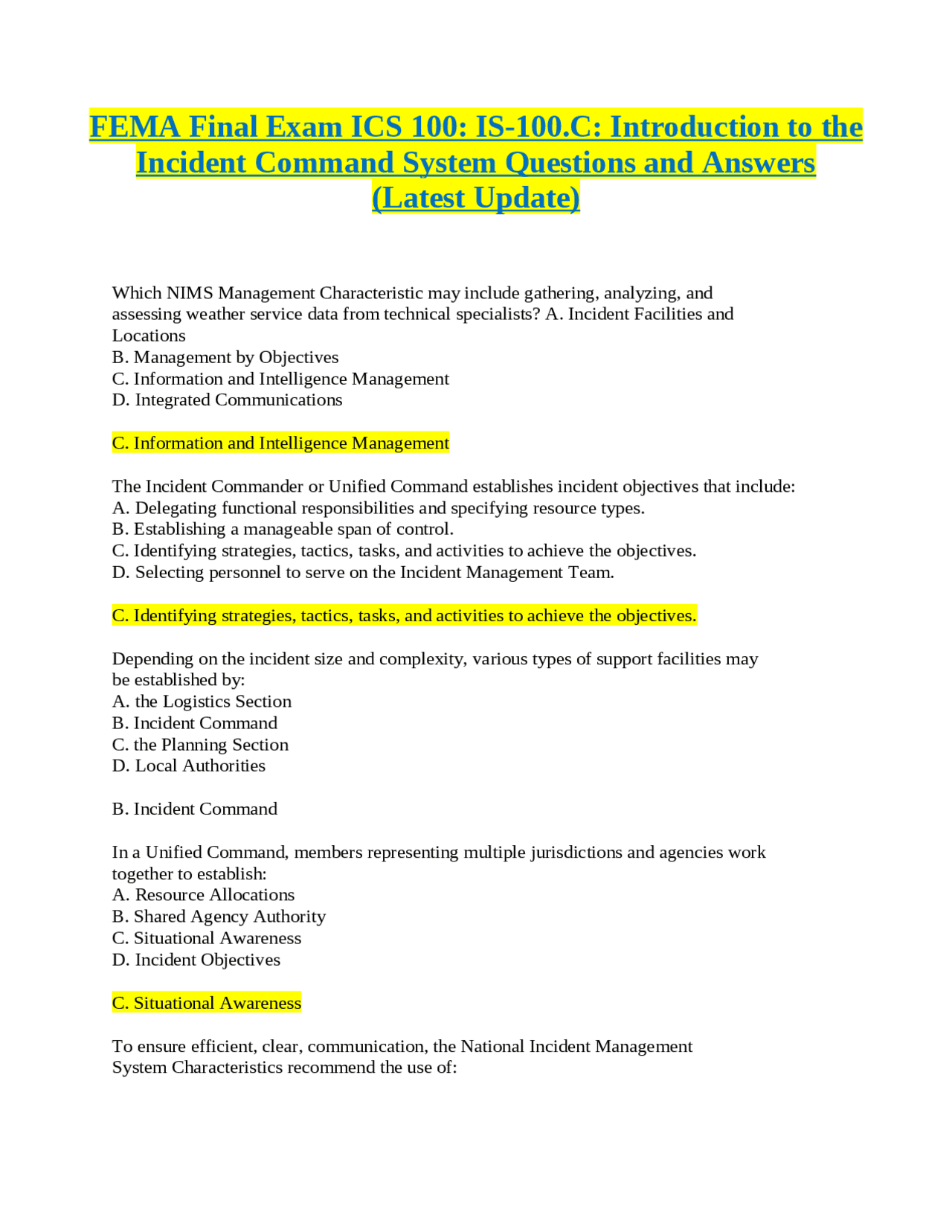 FEMA Final Exam ICS 100: IS-100.C Introduction to the Incident Command ...