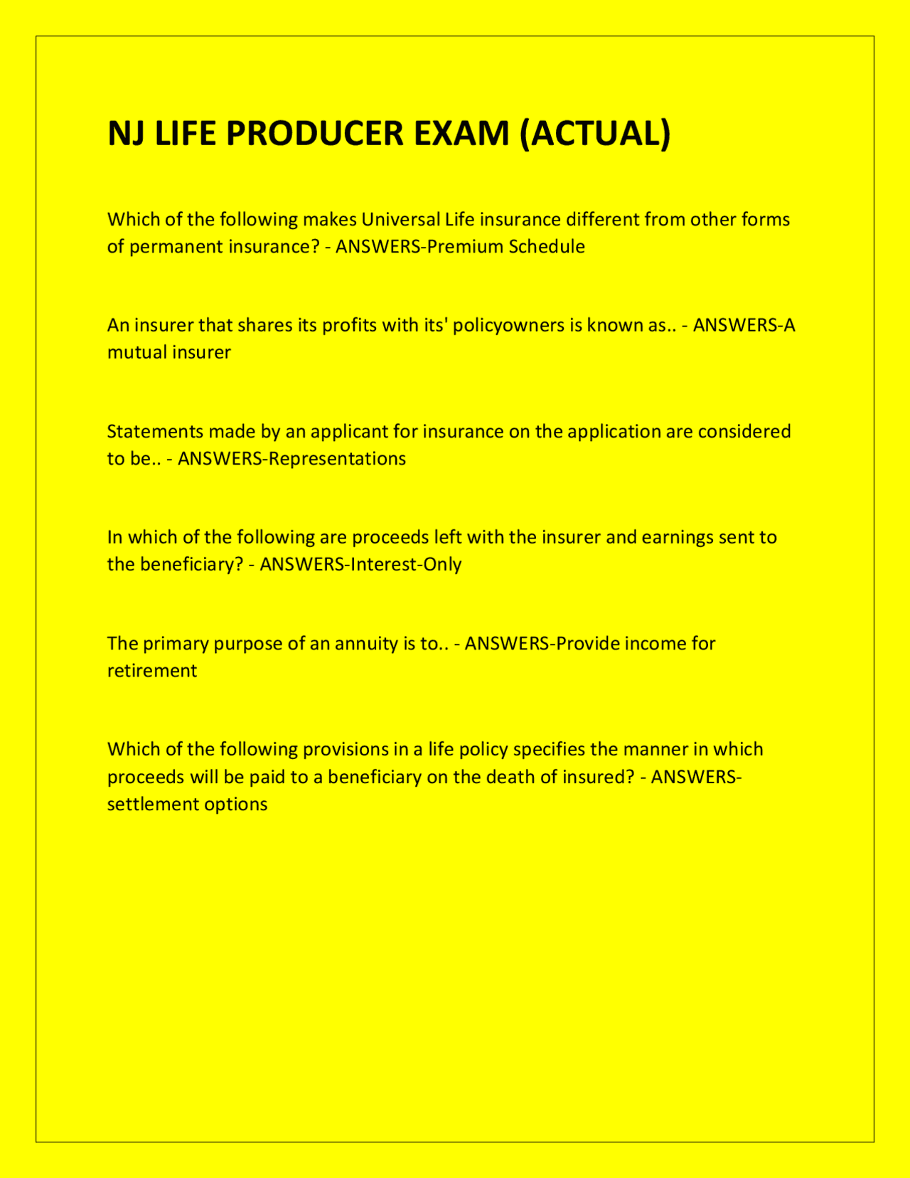 NJ LIFE PRODUCER EXAM (ACTUAL) QUESTIONS AND ANSWERS 2025 | Exams ...