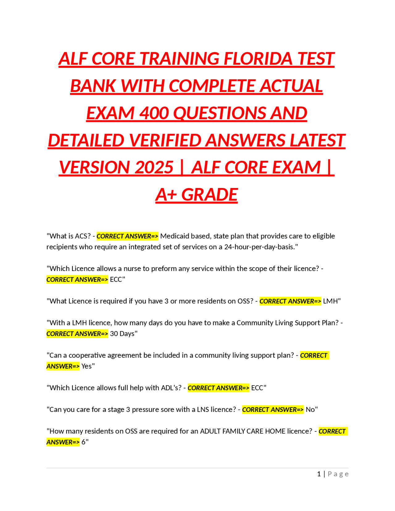 ALF CORE TRAINING FLORIDA TEST BANK WITH COMPLETE ACTUAL EXAM 400 ...